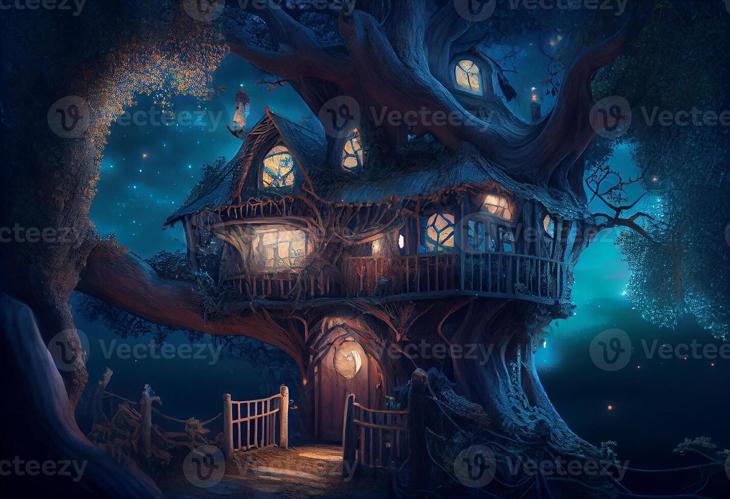 magical fantasy fairy tale scenery of tree house at night in a forest. . 25472182 Stock Photo at ...
