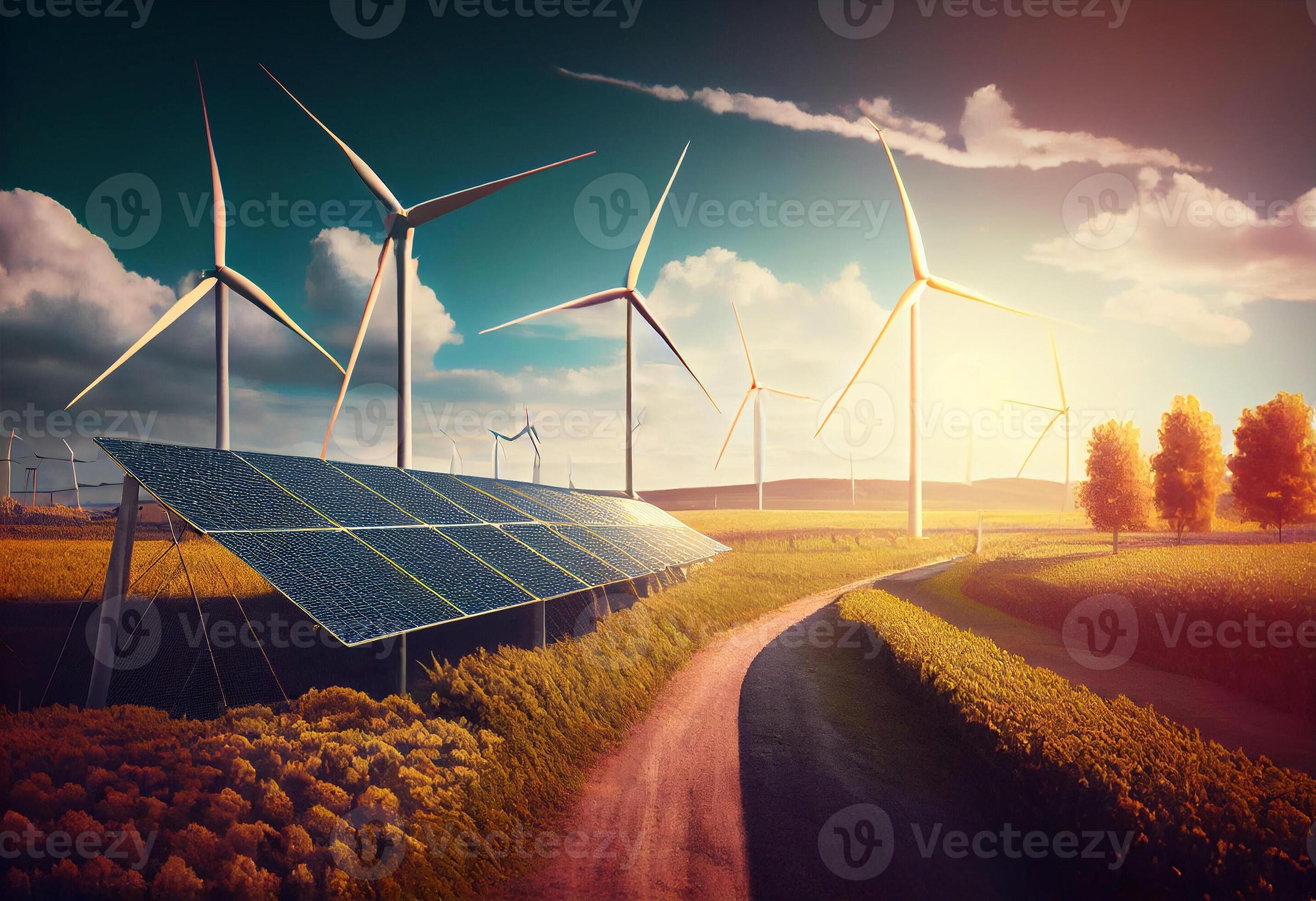 Wind turbines and solar panels farm in a field. Renewable green energy. . 25472331 Stock Photo ...