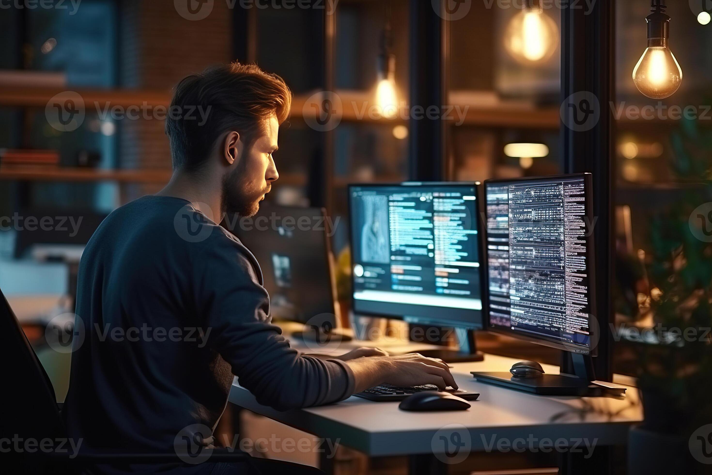 Male Programmer Using Desktop Computer And Laptop. 25474228 Stock Photo ...