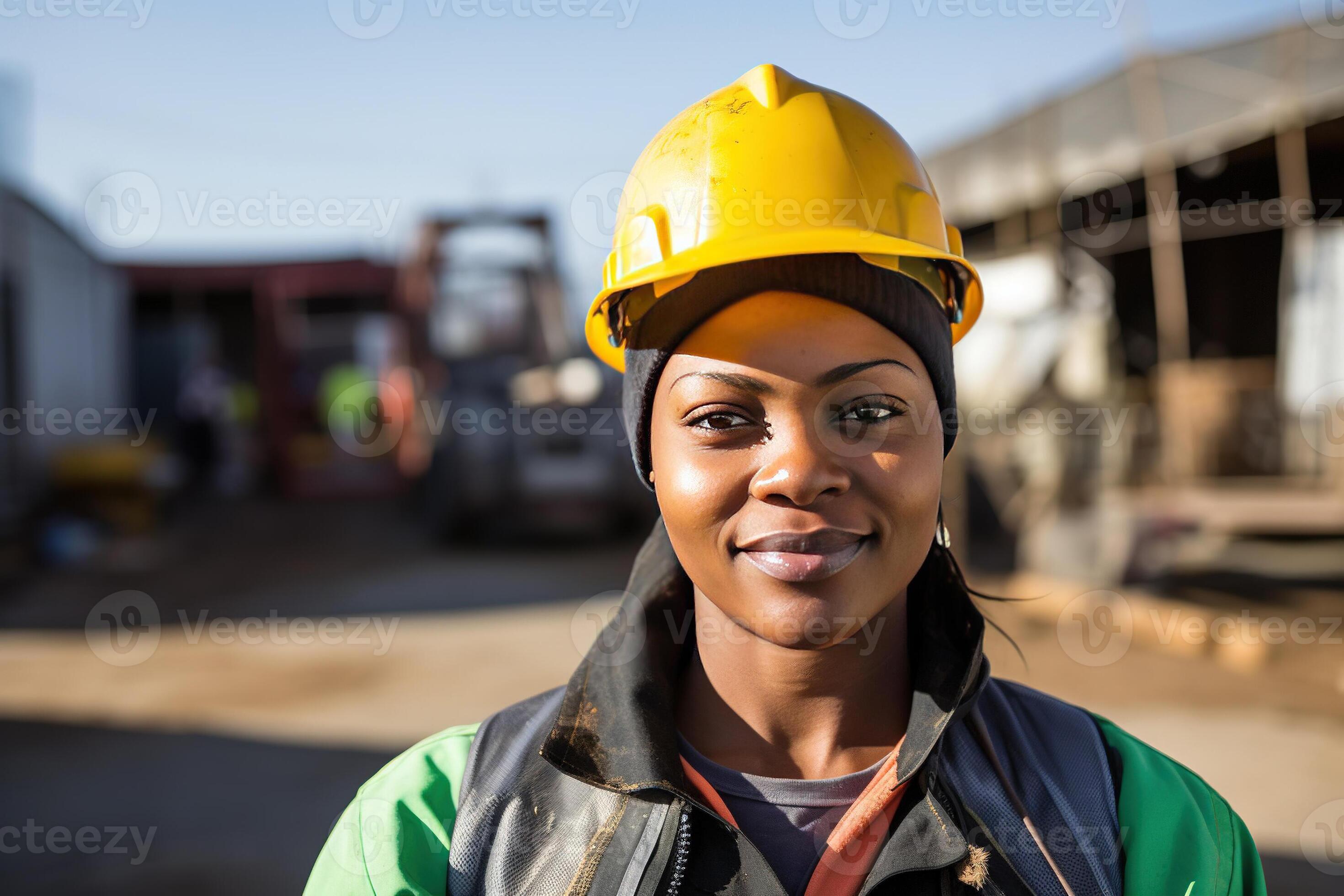 Portrait of a proud, strong, and skilled female African American construction worker, radiating ...