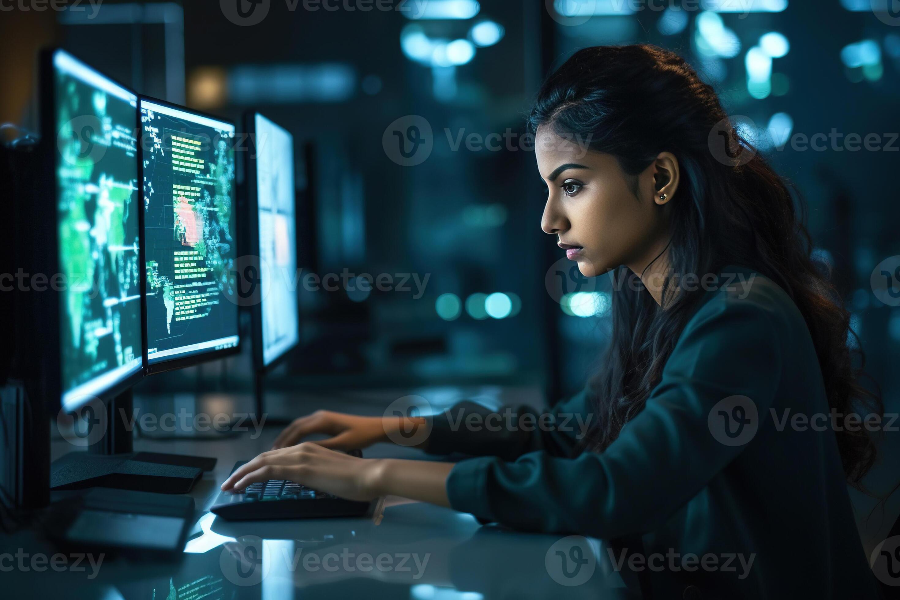 Young Female Artificial Intelligence Engineer Working on Computer in a ...