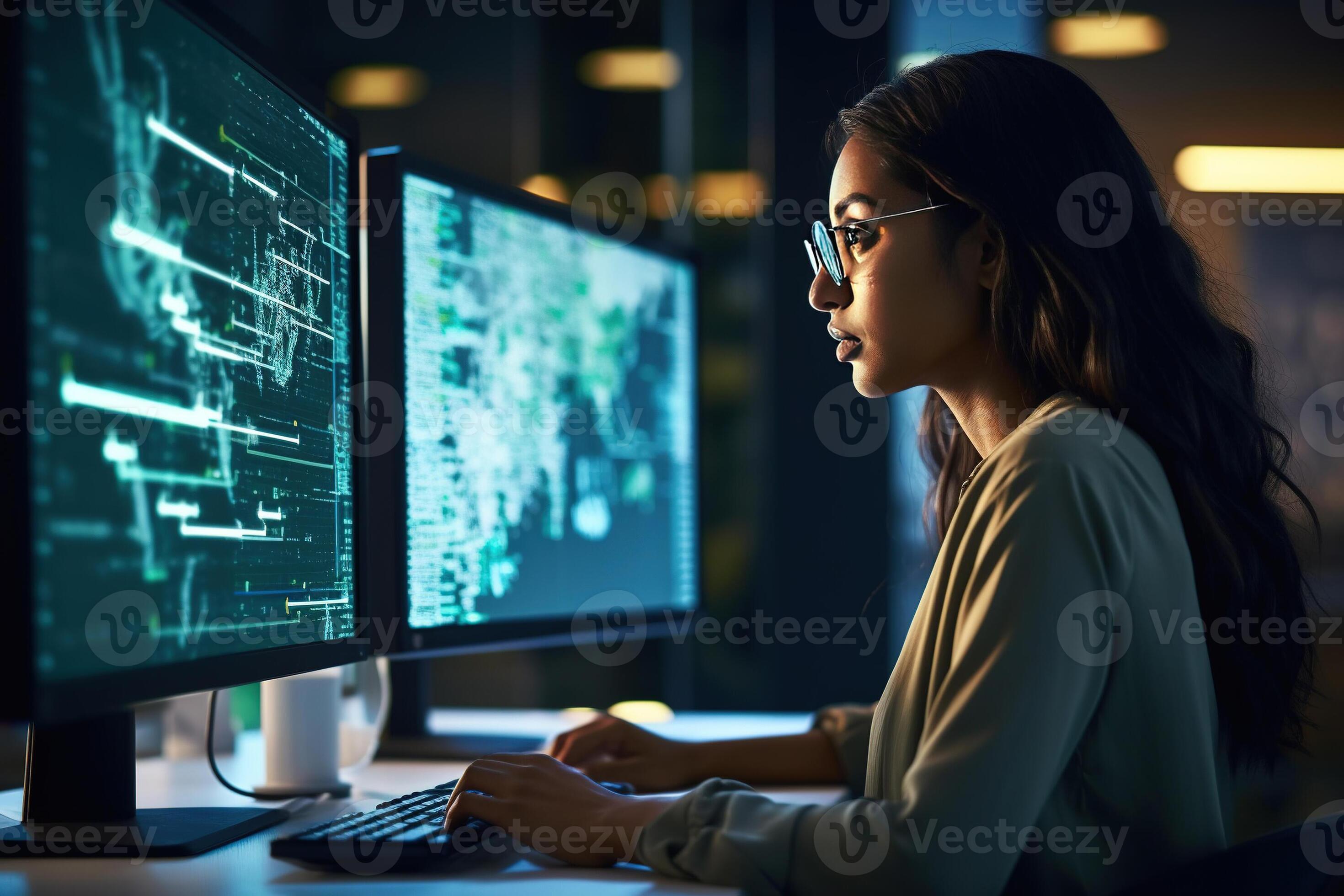 Young Female Artificial Intelligence Engineer Working on Computer in a Technological Office ...