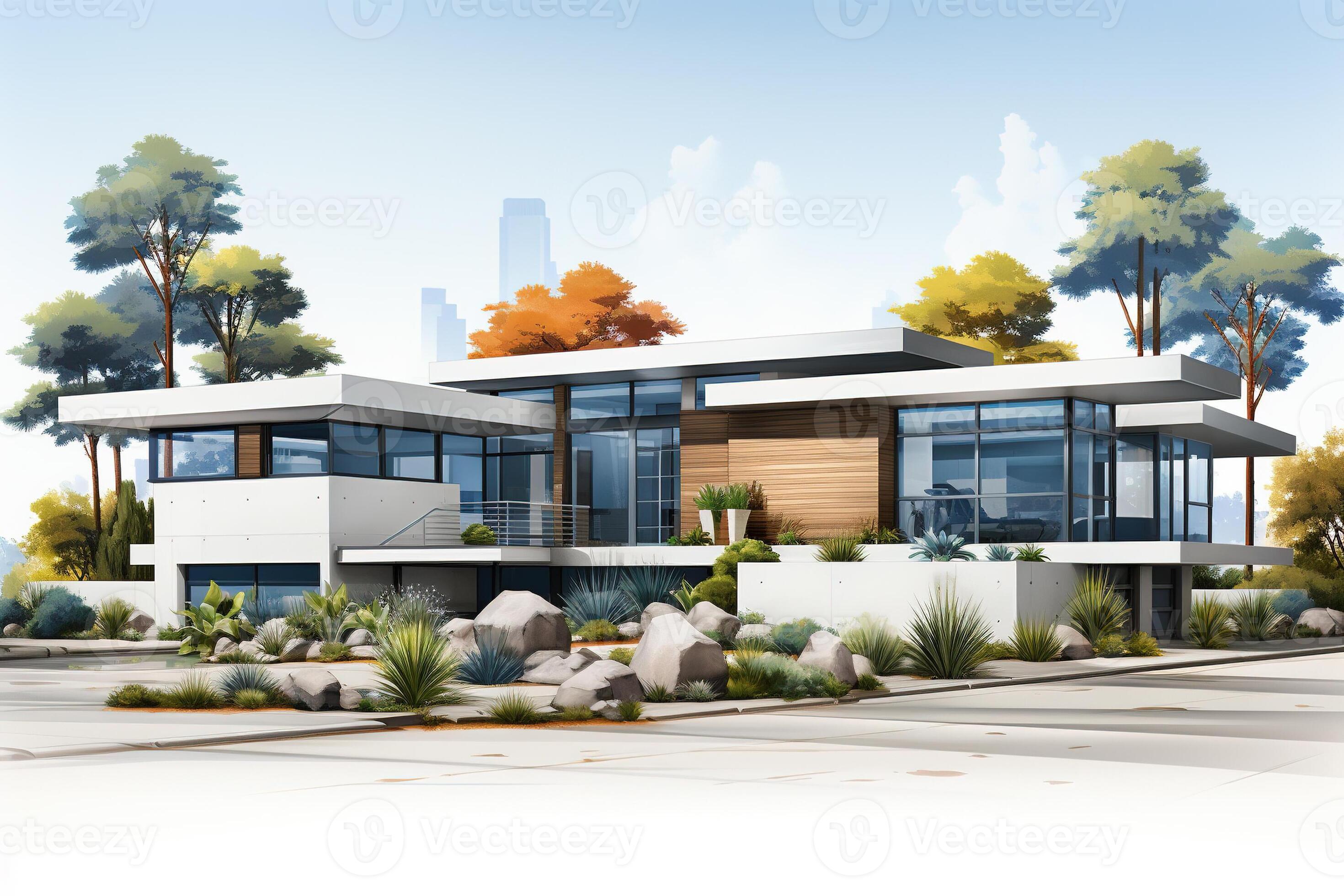 Front view of a isolated modern house with a big lawn. white background ...