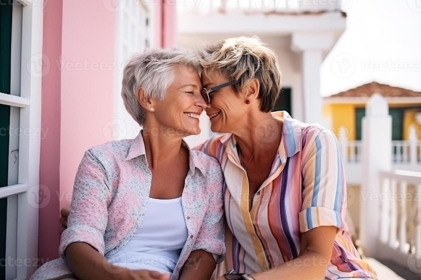 Senior gay lesbian couple kissing outside - LGBTQ aged tourists having ...