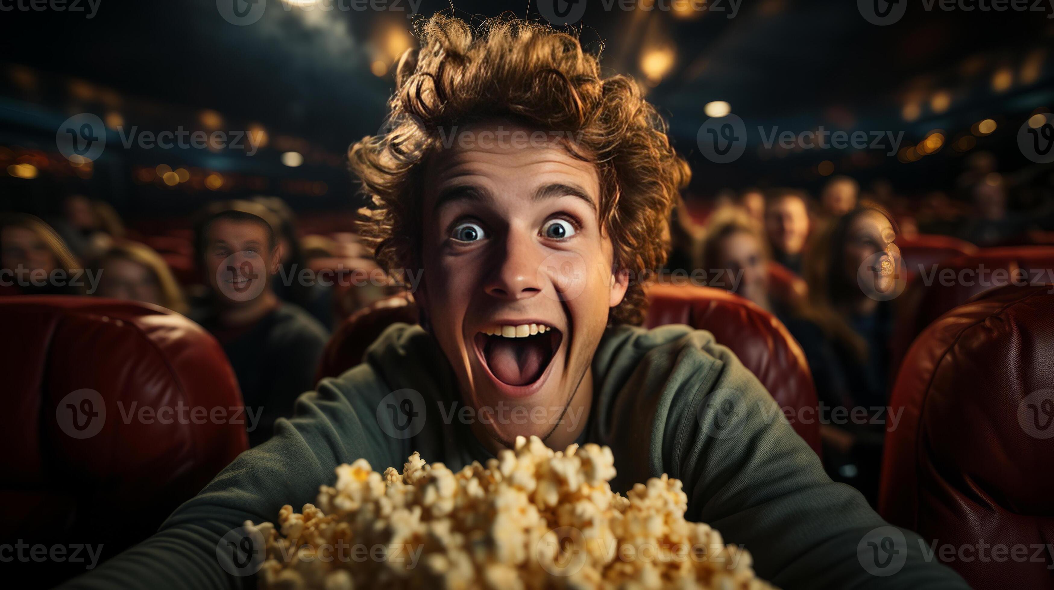 Man eating popcorn in a movie theater, sitting and eating popcorn. 25475852 Stock Photo at Vecteezy