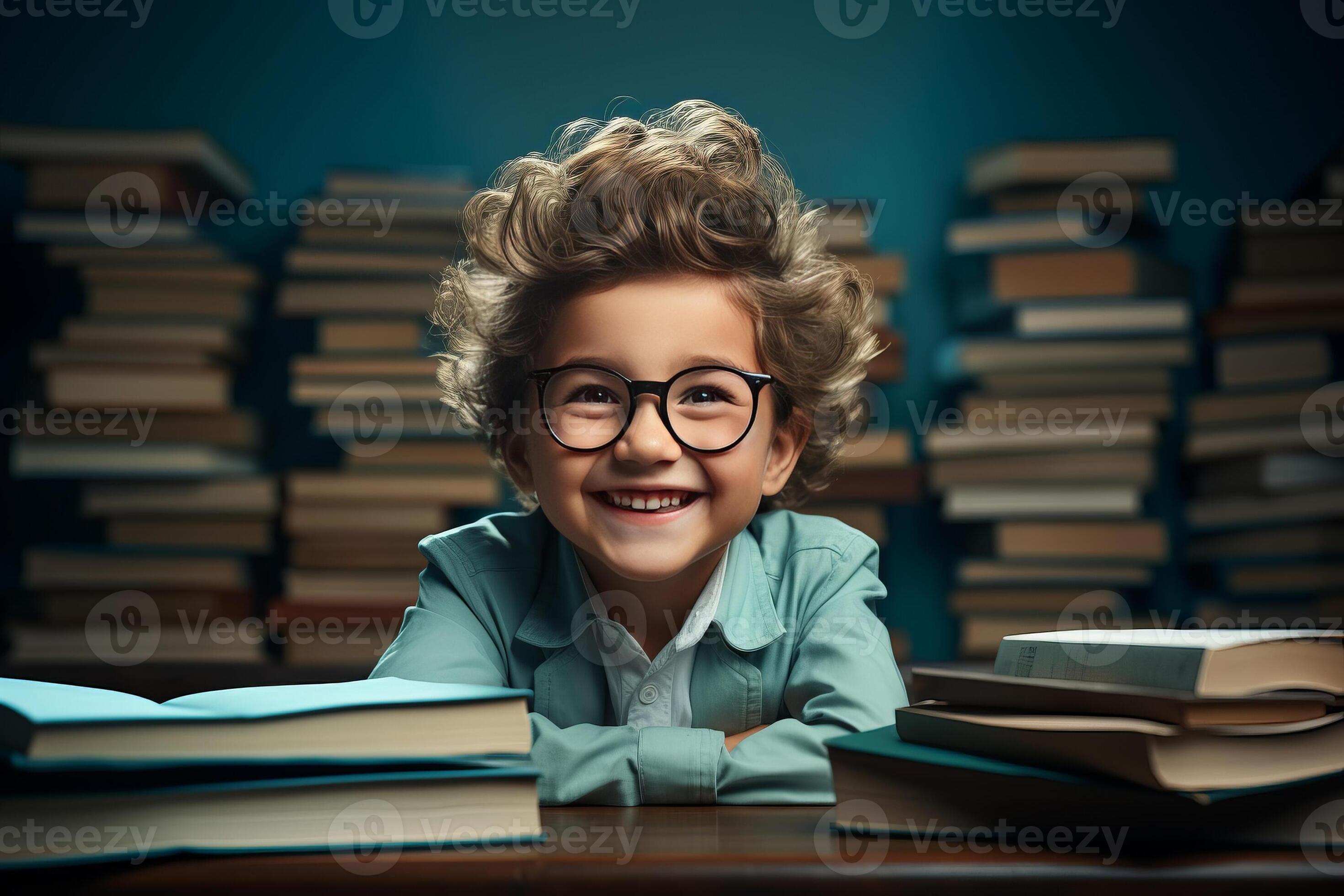 portrait of a happy child little boy with glasses sitting on a stack of ...