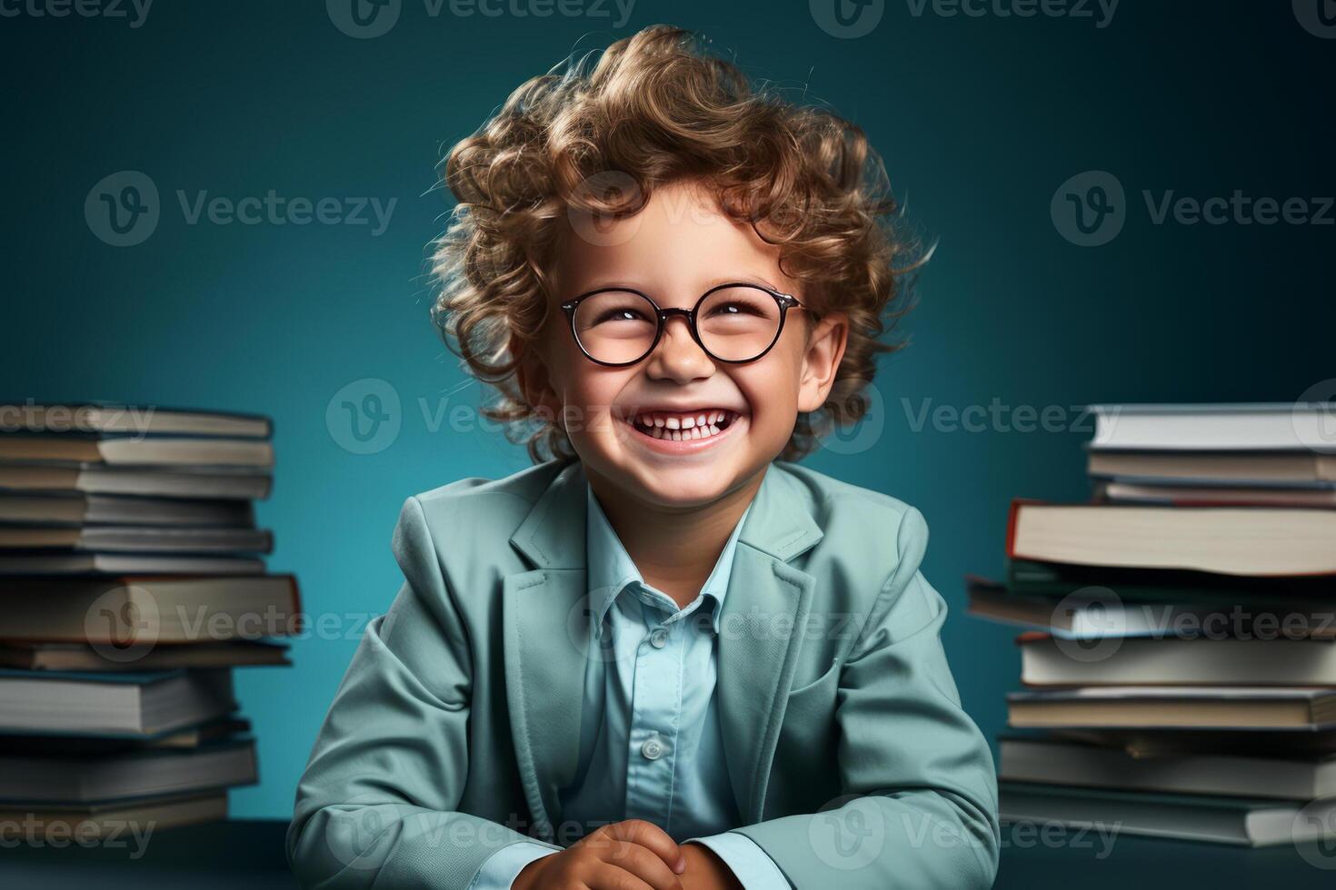 portrait of a happy child little boy with glasses sitting on a stack of ...