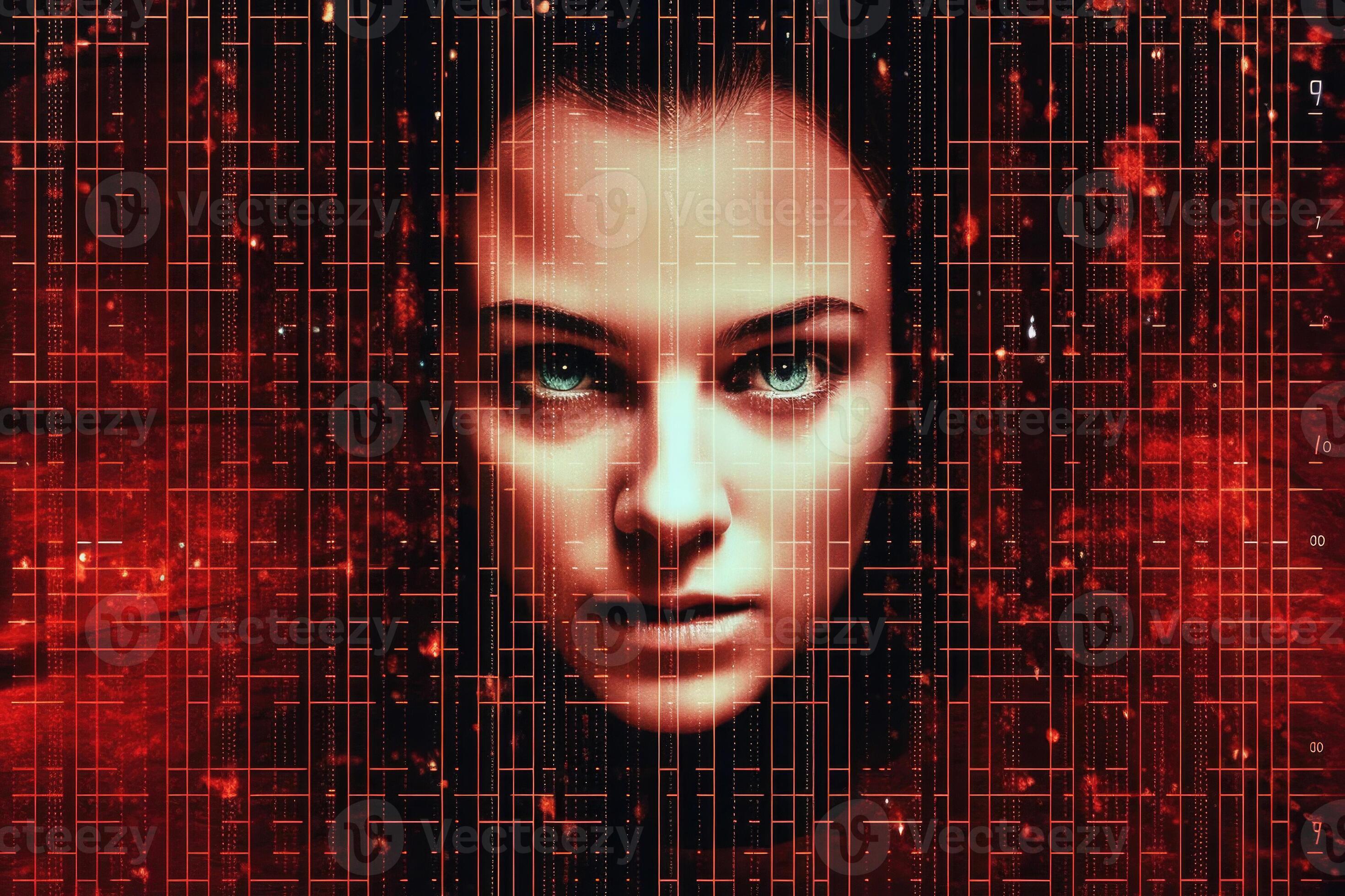 Female face against binary code. Artificial intelligence concept ... Female face against binary code. Artificial intelligence concept ...