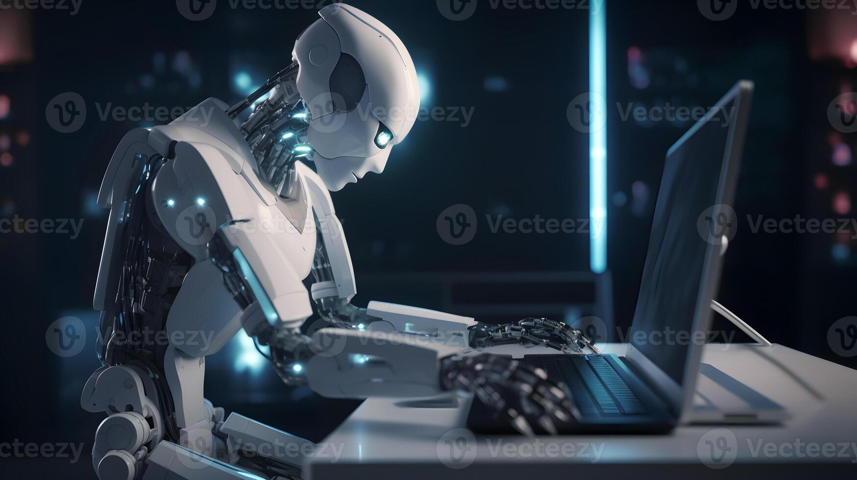 Futuristic robot using computer. 25481459 Stock Photo at Vecteezy