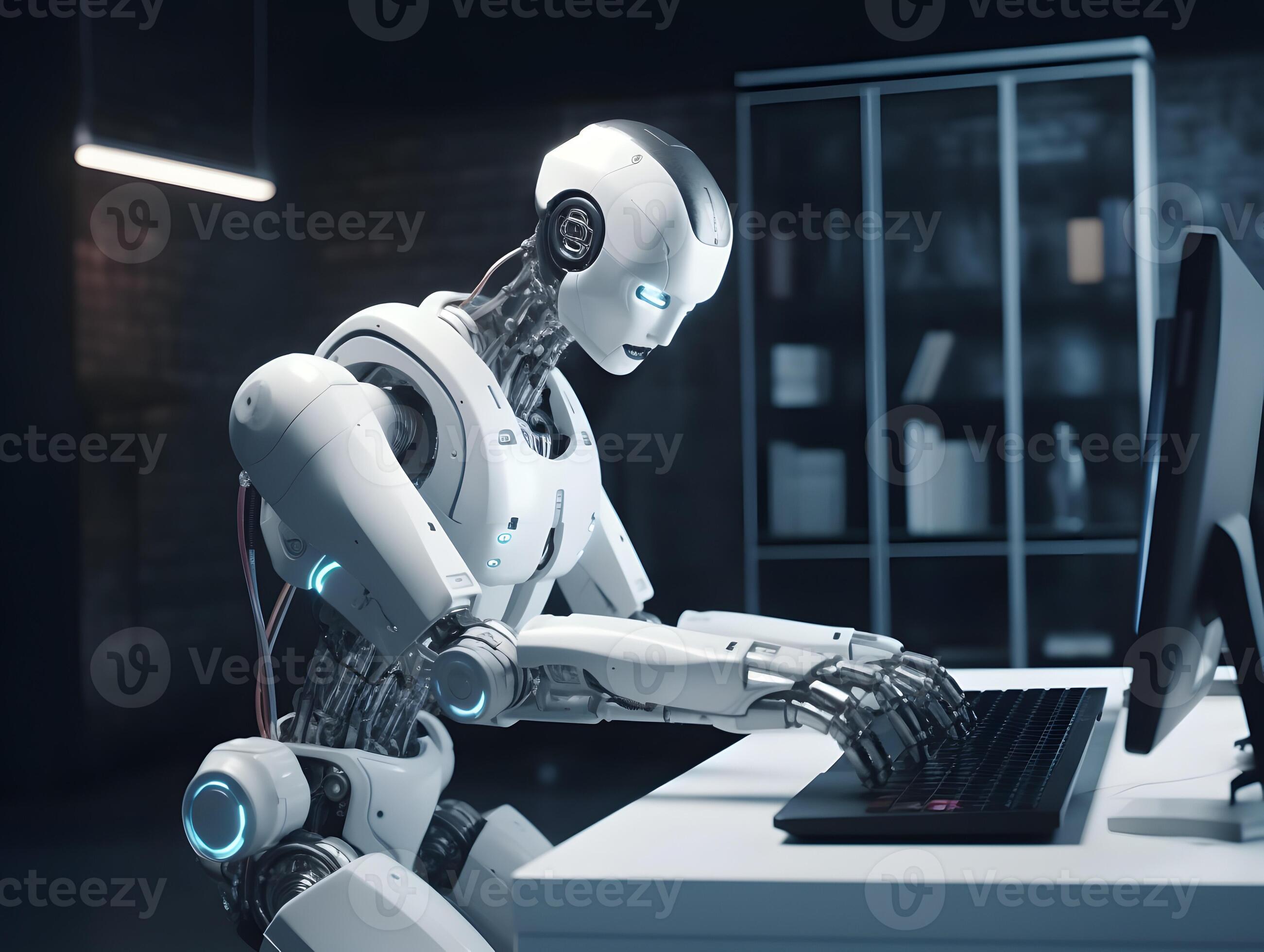 Futuristic robot using computer. 25481461 Stock Photo at Vecteezy