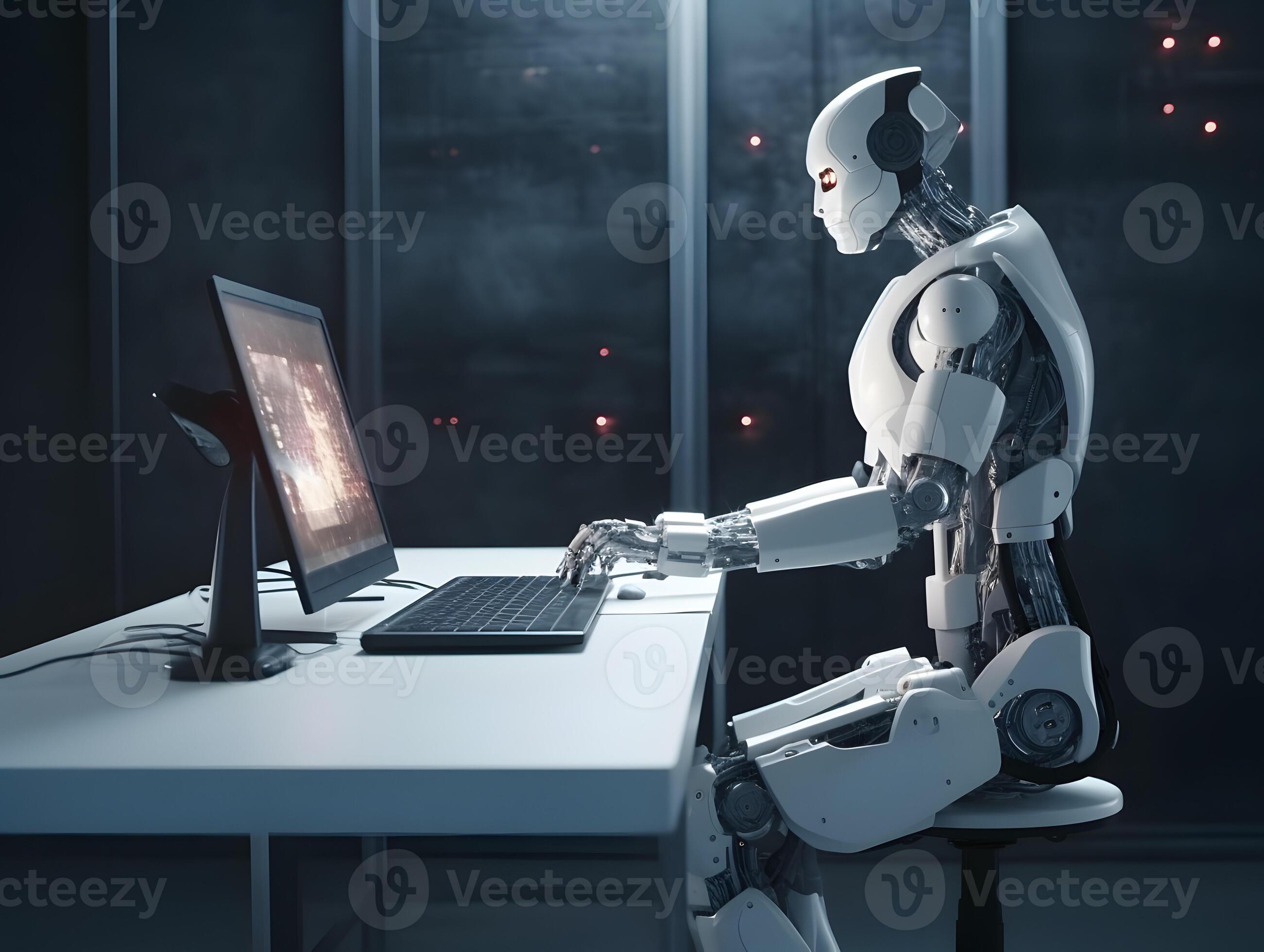 Futuristic robot using computer. 25481469 Stock Photo at Vecteezy