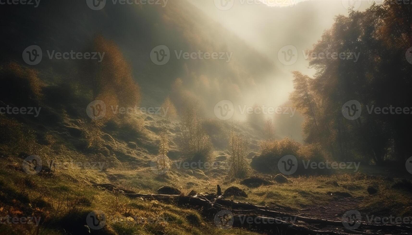 Mysterious fog shrouds tranquil forest landscape generated by AI ... Mysterious fog shrouds tranquil forest landscape generated by AI ...