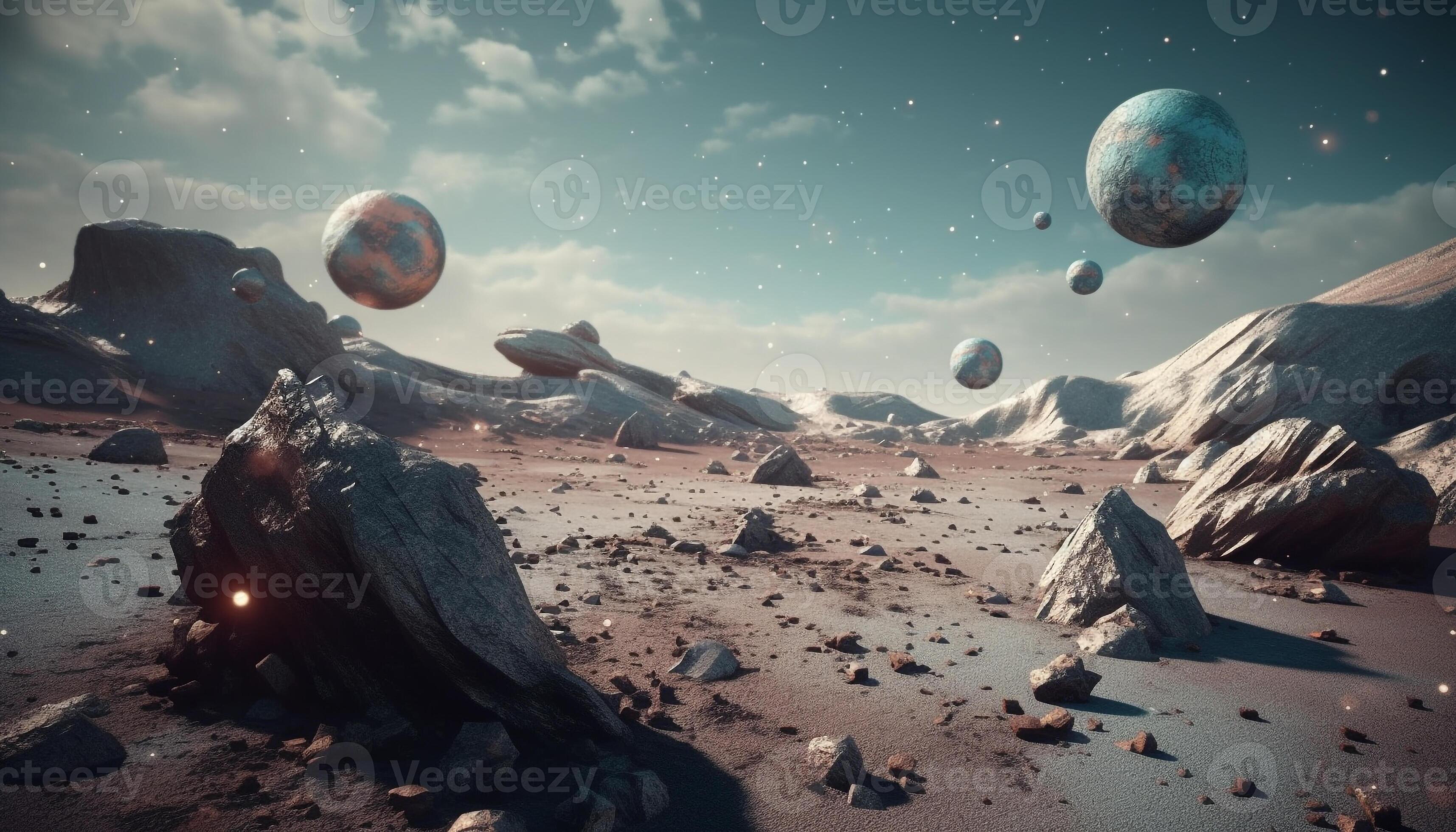 Futuristic spaceship orbits galaxy, exploring extreme terrain on alien ...