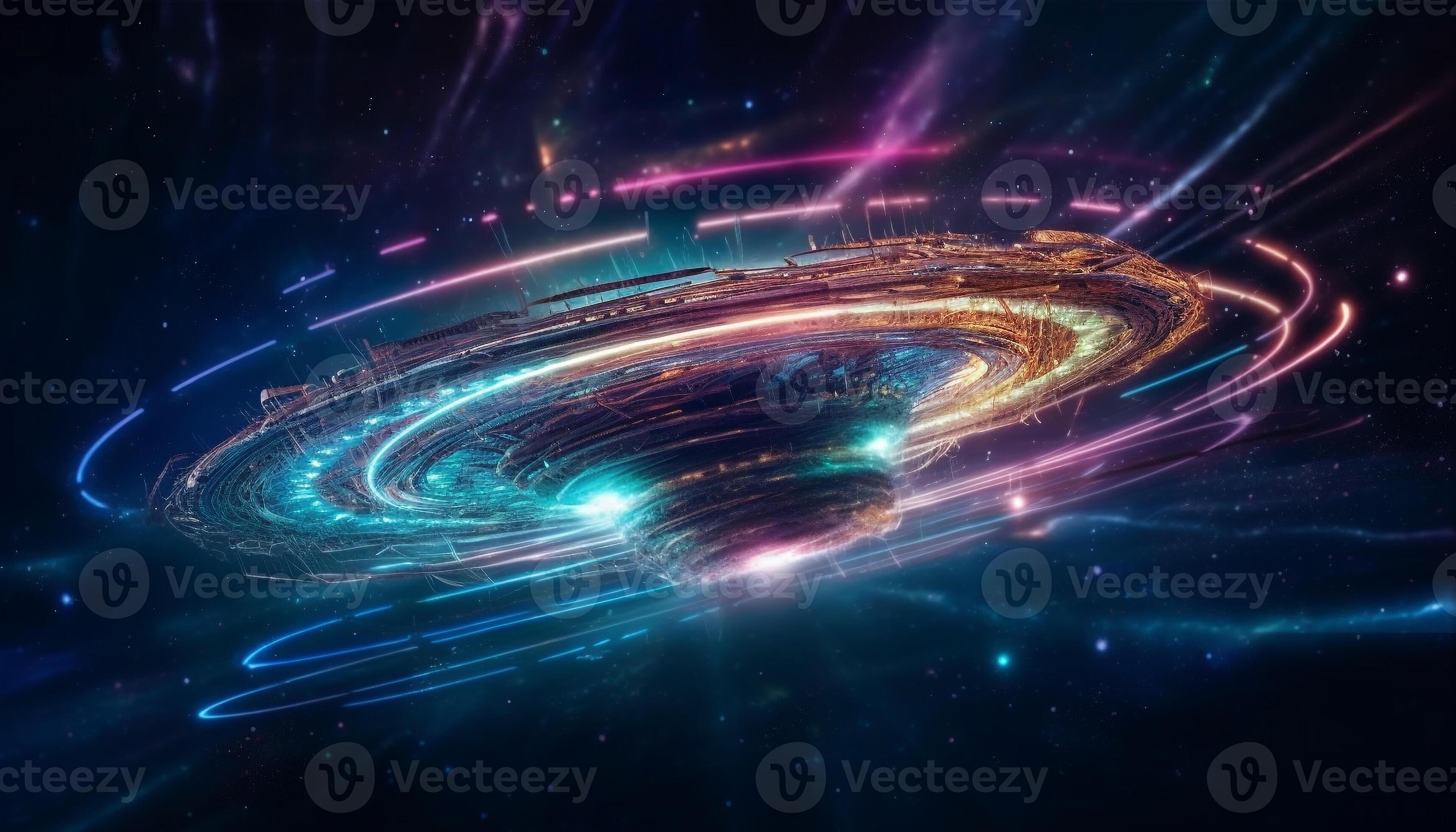 Futuristic Spaceship Orbits Galaxy Transmitting Data From Deep Space