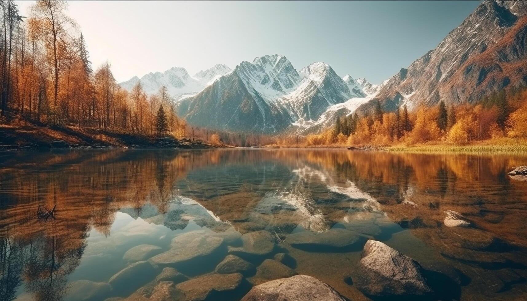 The majestic mountain range reflects in tranquil water, a beauty ...
