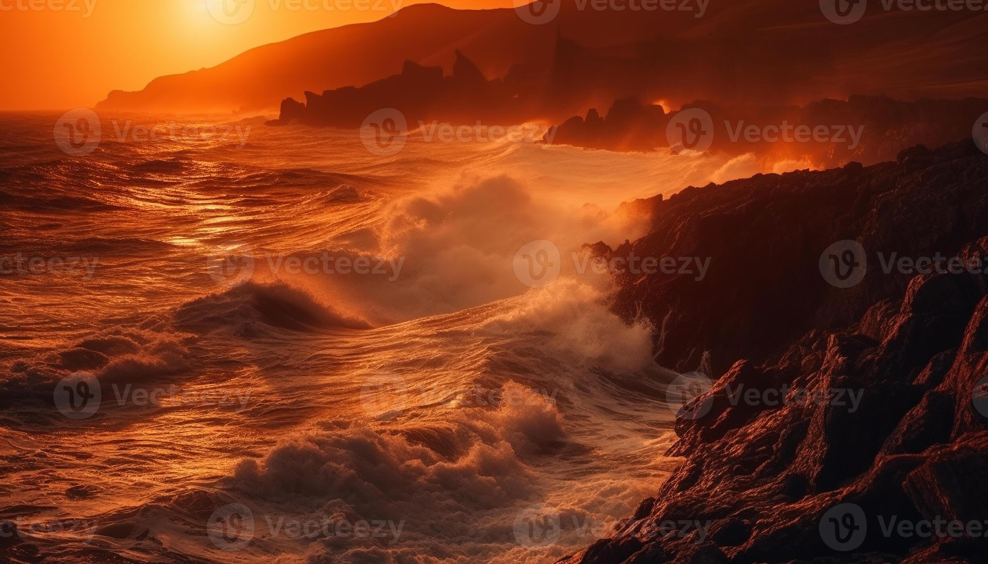 The awe inspiring beauty of nature sunset over the coastline generated ...
