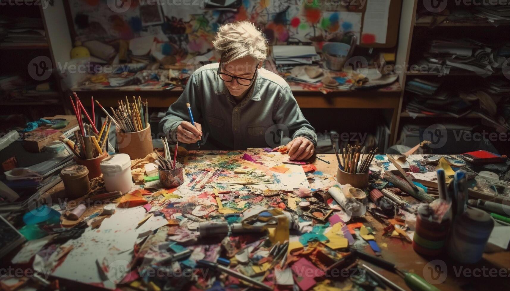 Creative chaos in messy art studio with multi colored paintings generated by AI 25494404 Stock ...