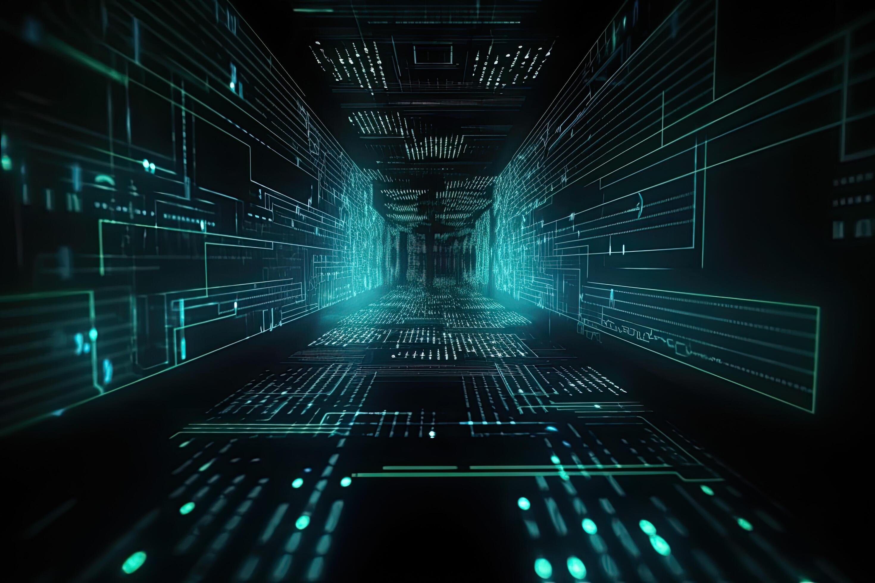 Futuristic cyberspace tunnel with glowing lights 3d rendering, Futuristic HTML code hologram ...