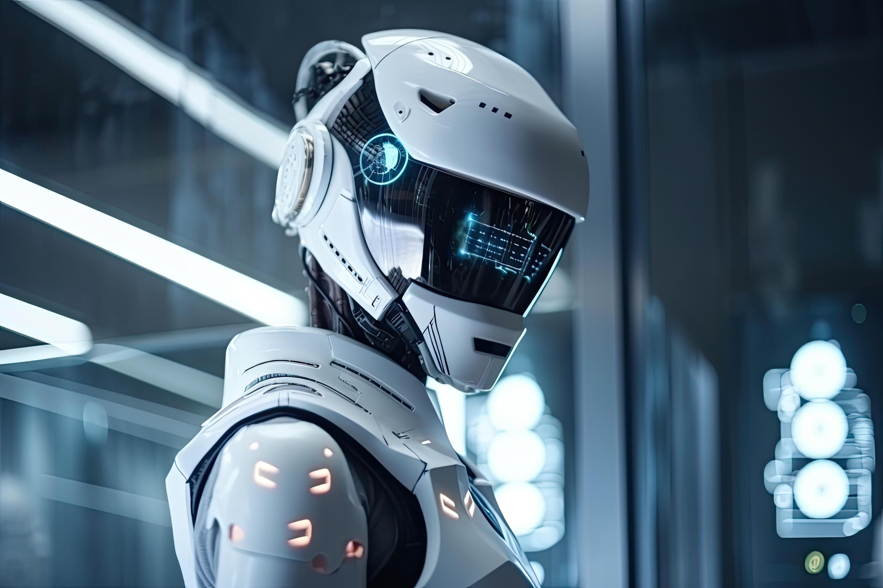 3d rendering robot or cyborg with artificial intelligence in modern factory, Futuristic AI robot ...