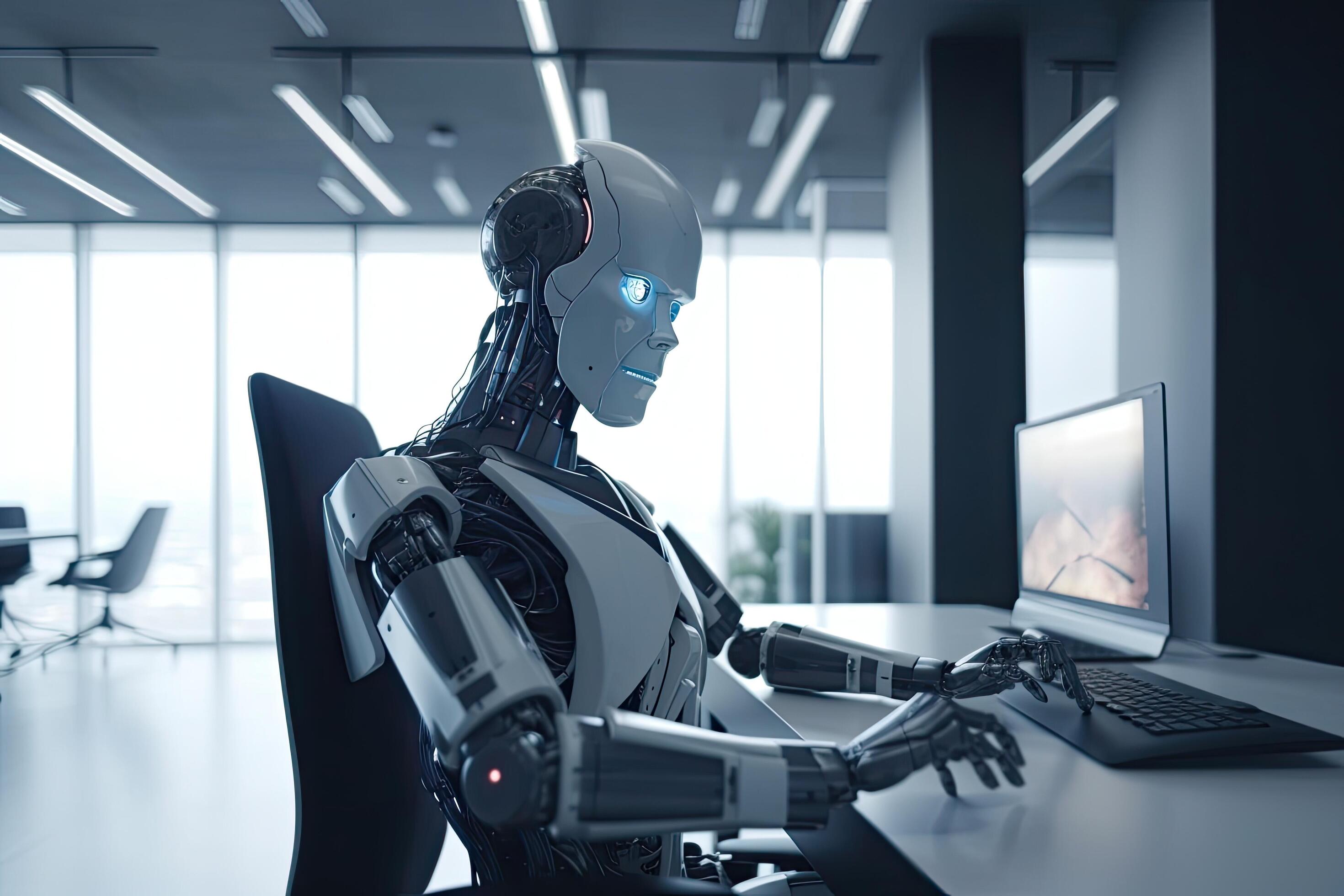 3d rendering humanoid robot working with computer in modern office ...