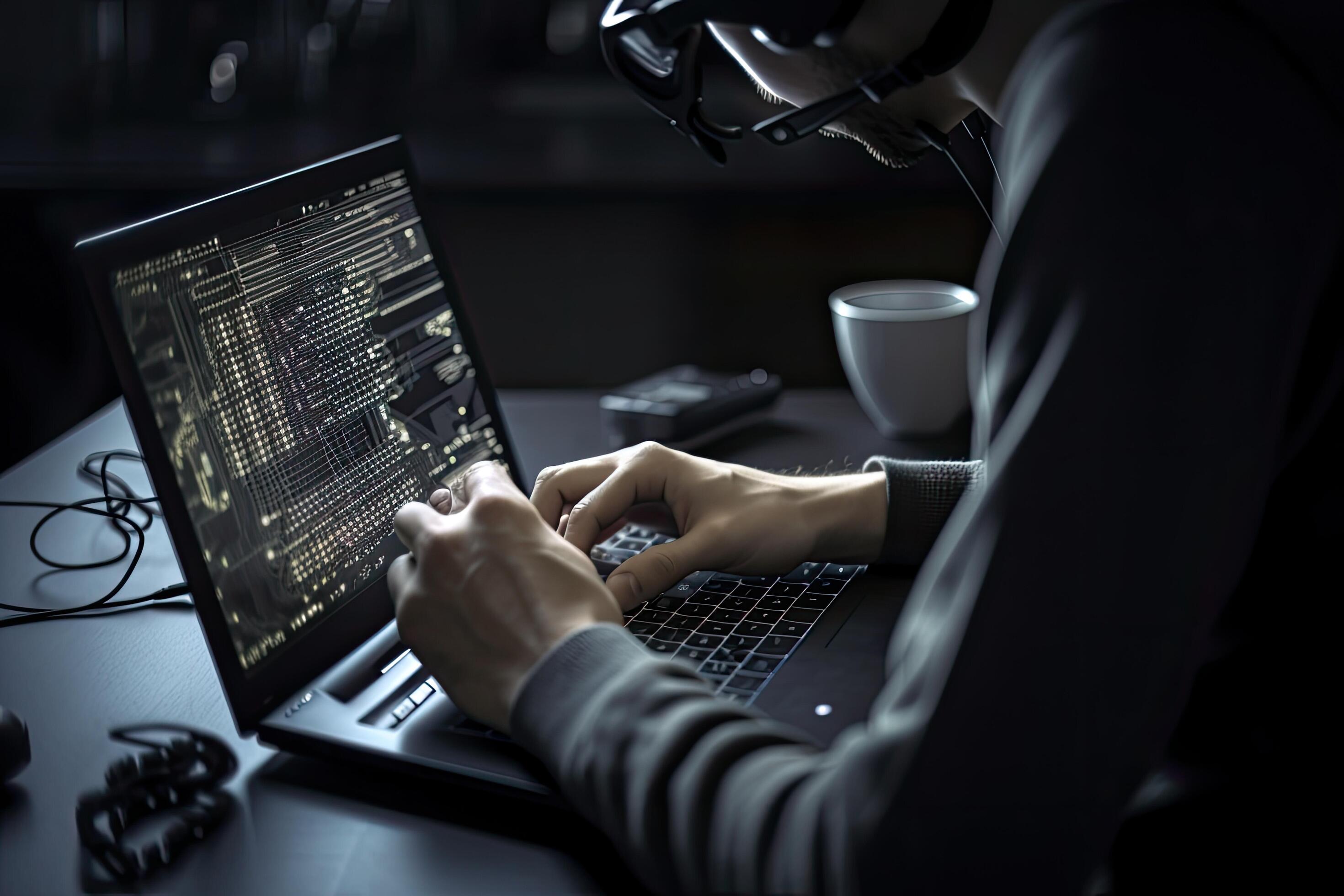 Hacker working on computer in dark office. Cybercrime concept. A ...