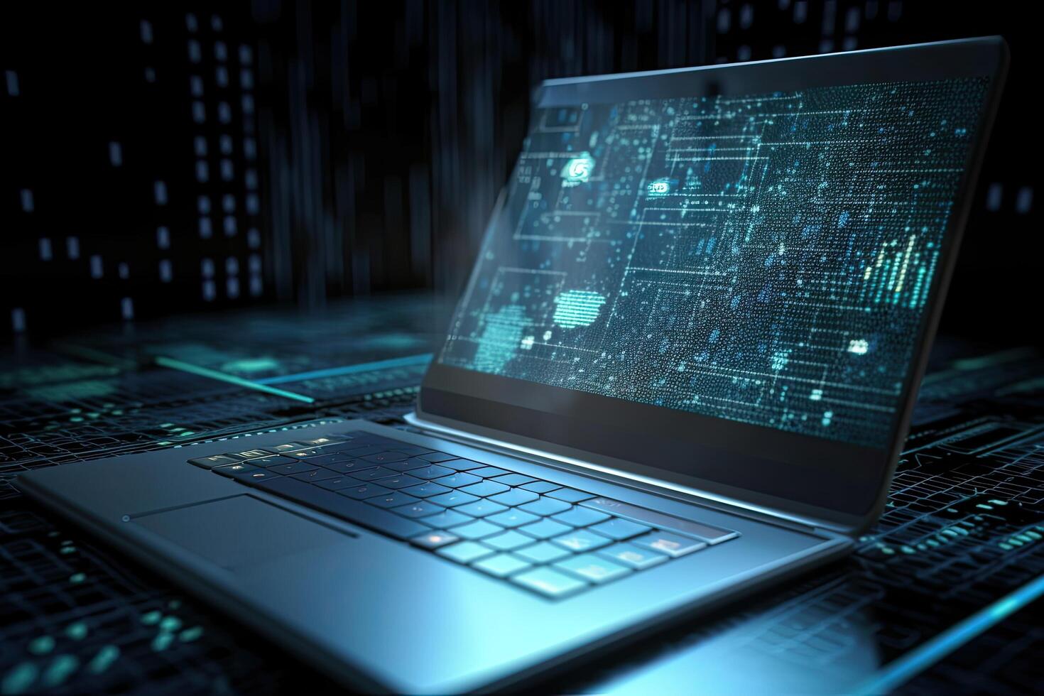 Laptop and binary code on a dark background. 3d rendering, Big data ...
