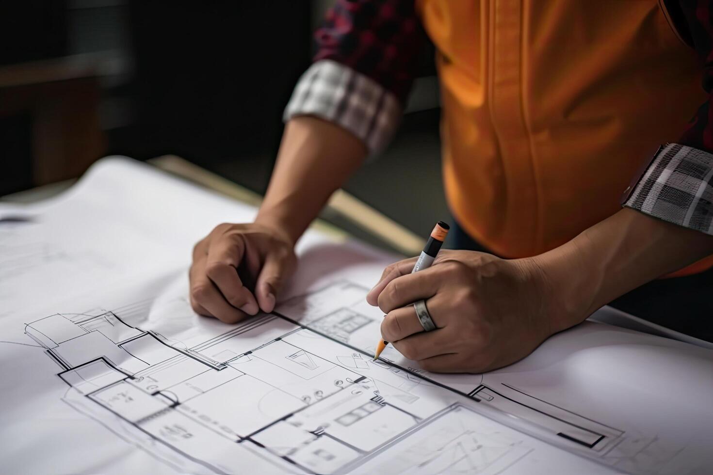 Architect or engineer working on blueprint at office desk, Construction ...