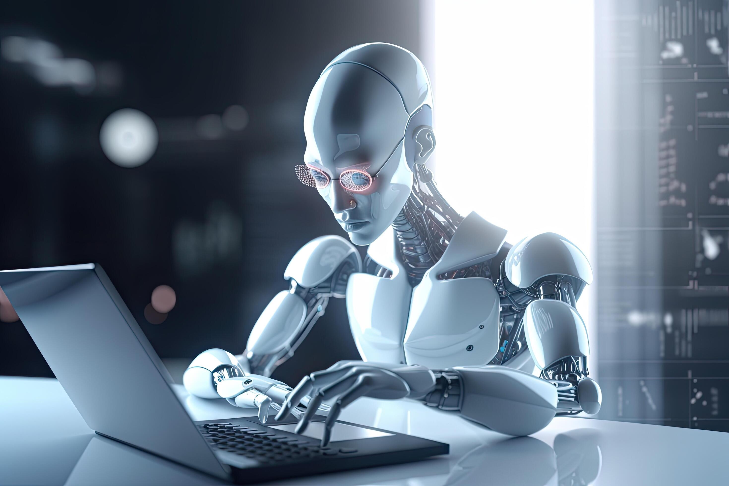 Robot humanoid working with laptop computer in office. 3D rendering ...