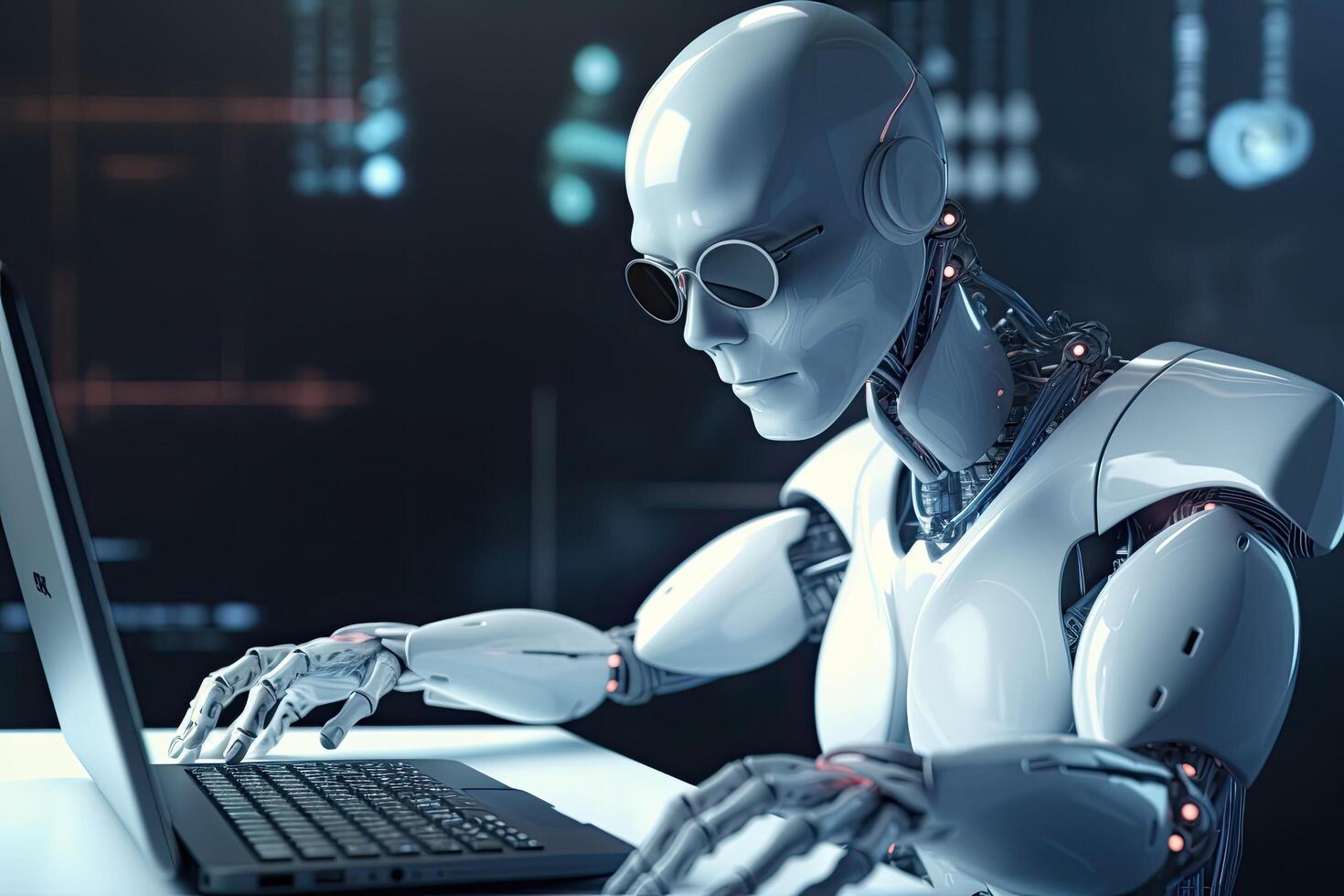 3d rendering humanoid robot working with laptop computer on dark blue background, Futuristic AI ...