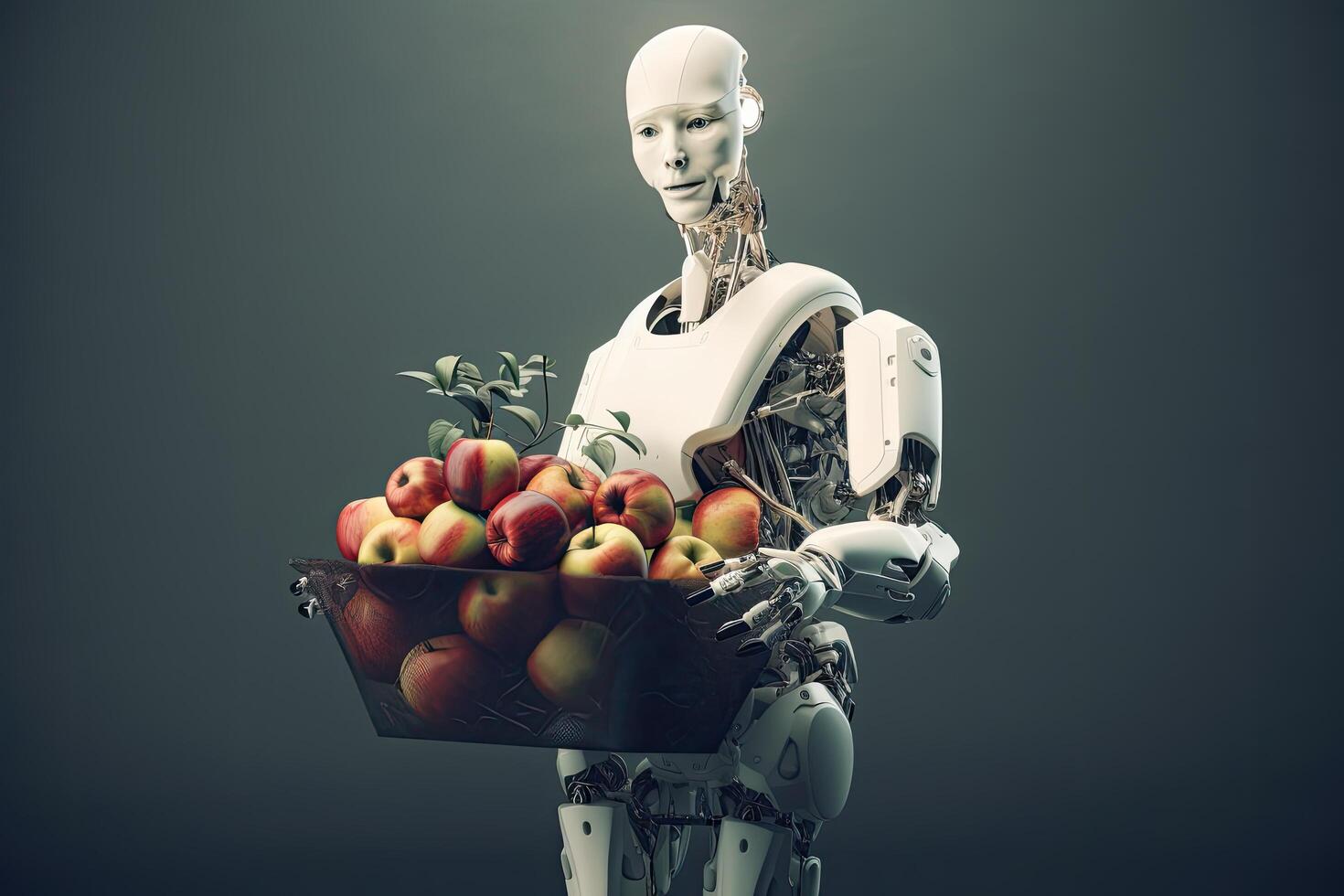 3d rendering humanoid robot holding a basket of apples over grey background, Futuristic AI robot ...