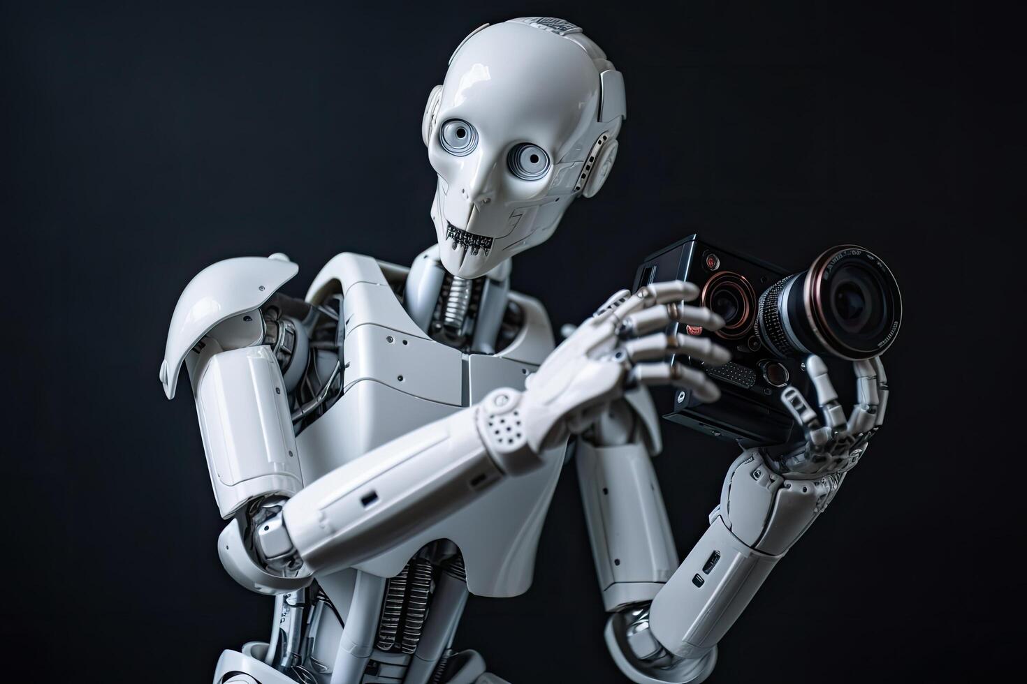 Robot holding a camera on a dark background. 3d rendering. Futuristic AI robot photographer ...