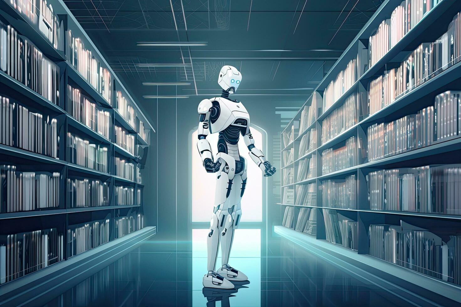 3d rendering humanoid robot in library with bookshelves on background, Futuristic AI robot ...