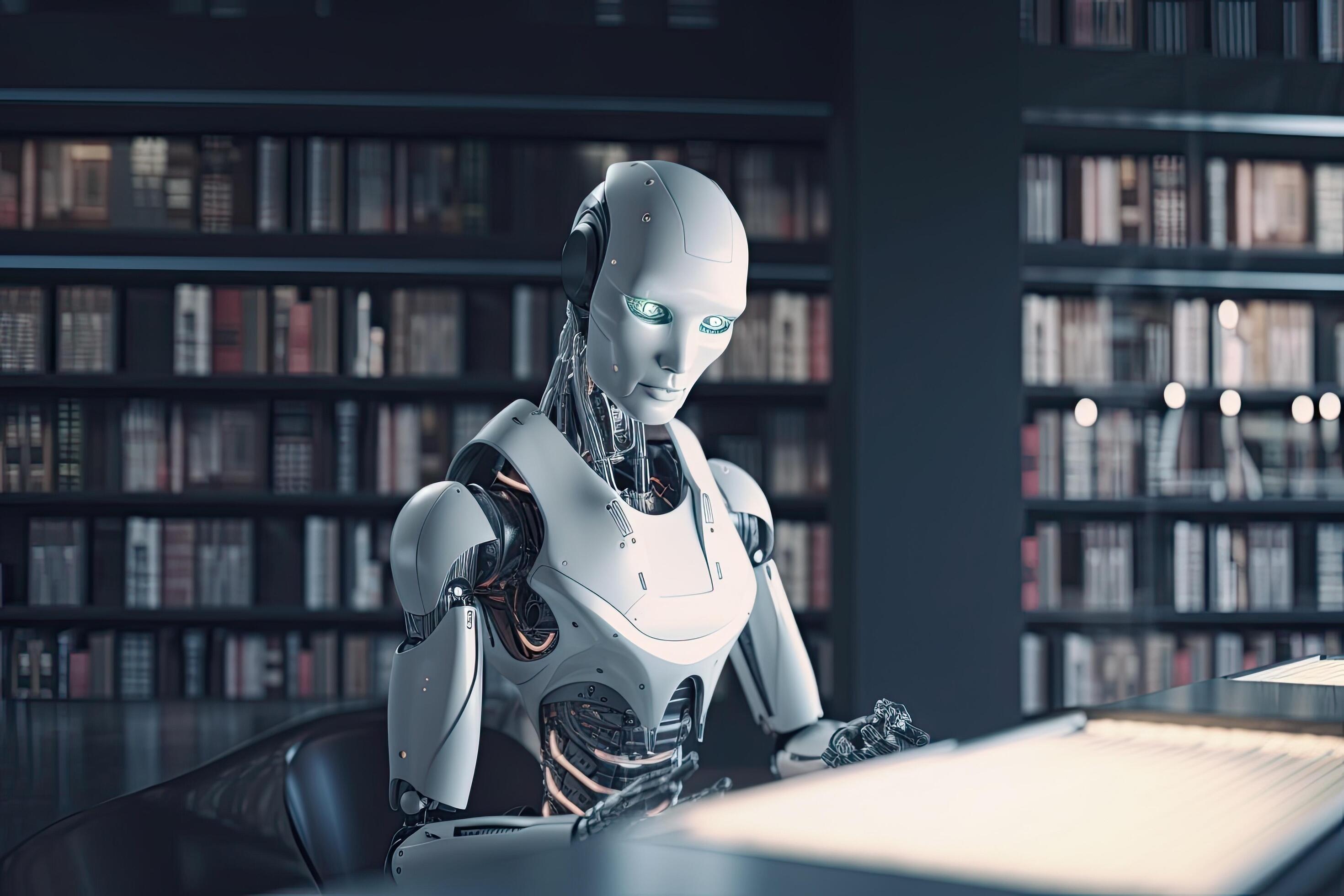 3d rendering humanoid robot working in a library with bookshelf, Futuristic AI robot reading ...