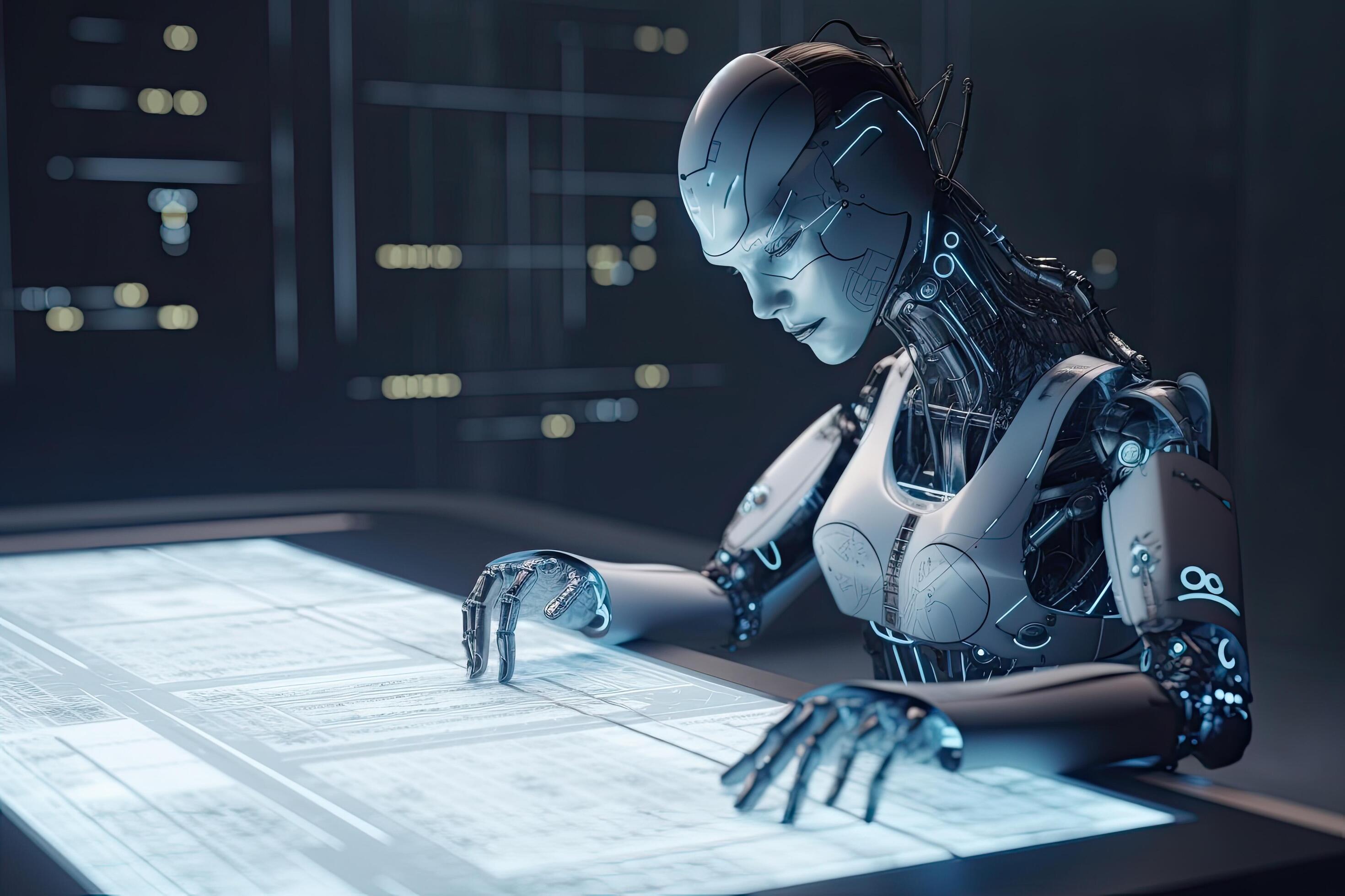 3d rendering humanoid robot working on a technical blueprint of a building, Futuristic AI robot ...