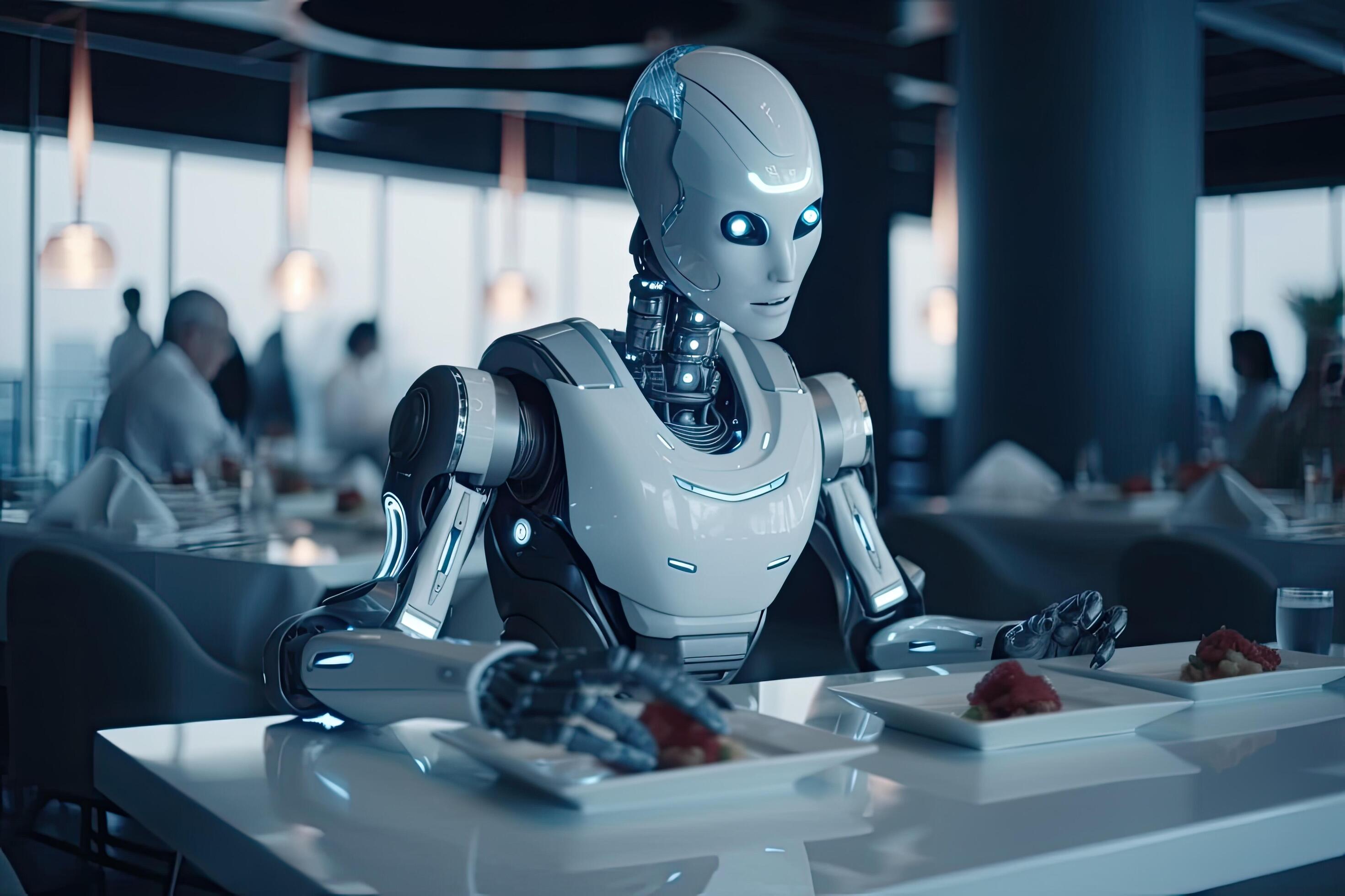 3d Rendering Humanoid Robot Sitting At Table In Restaurant And Eating