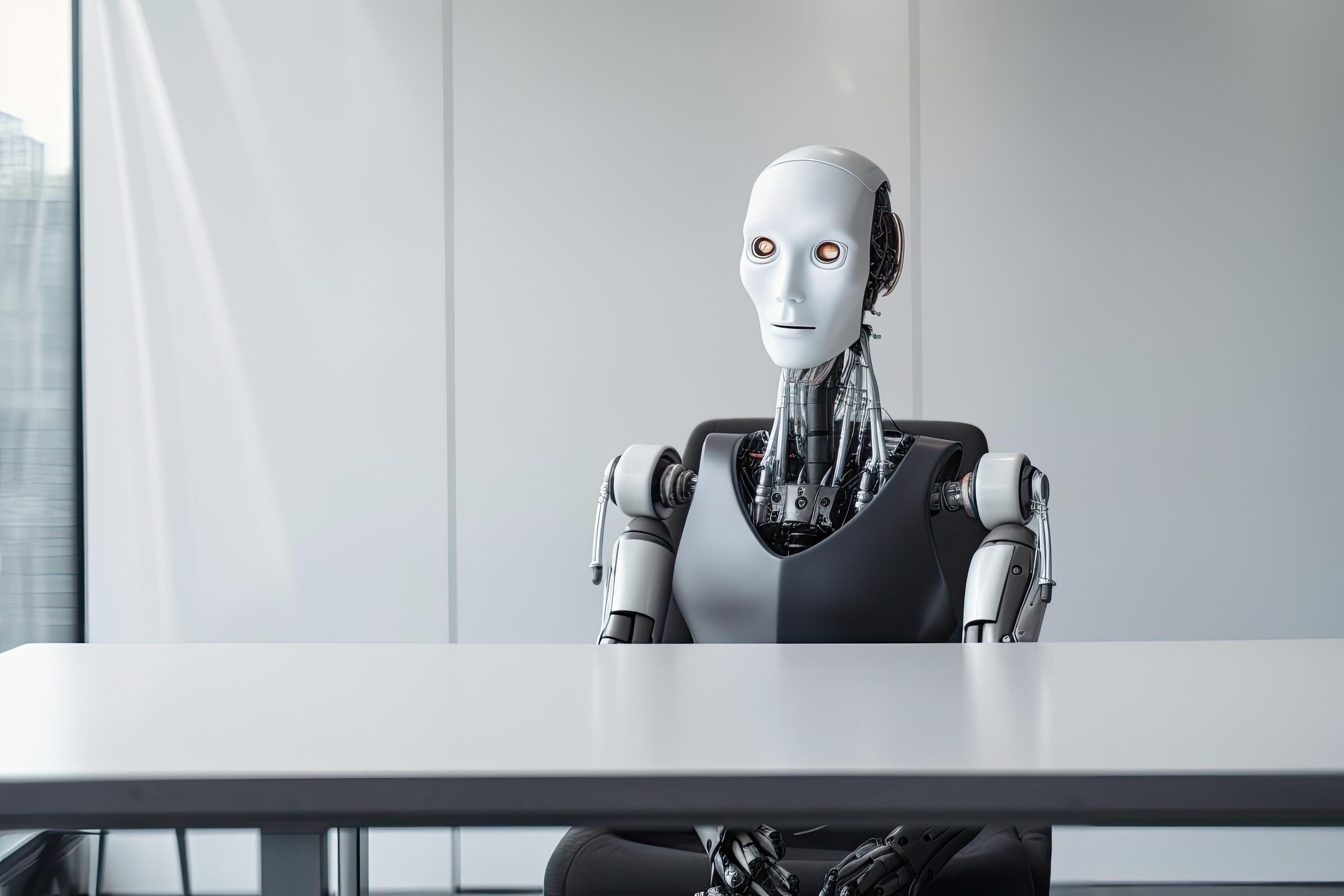 3d rendering humanoid robot working in a modern office with window ...