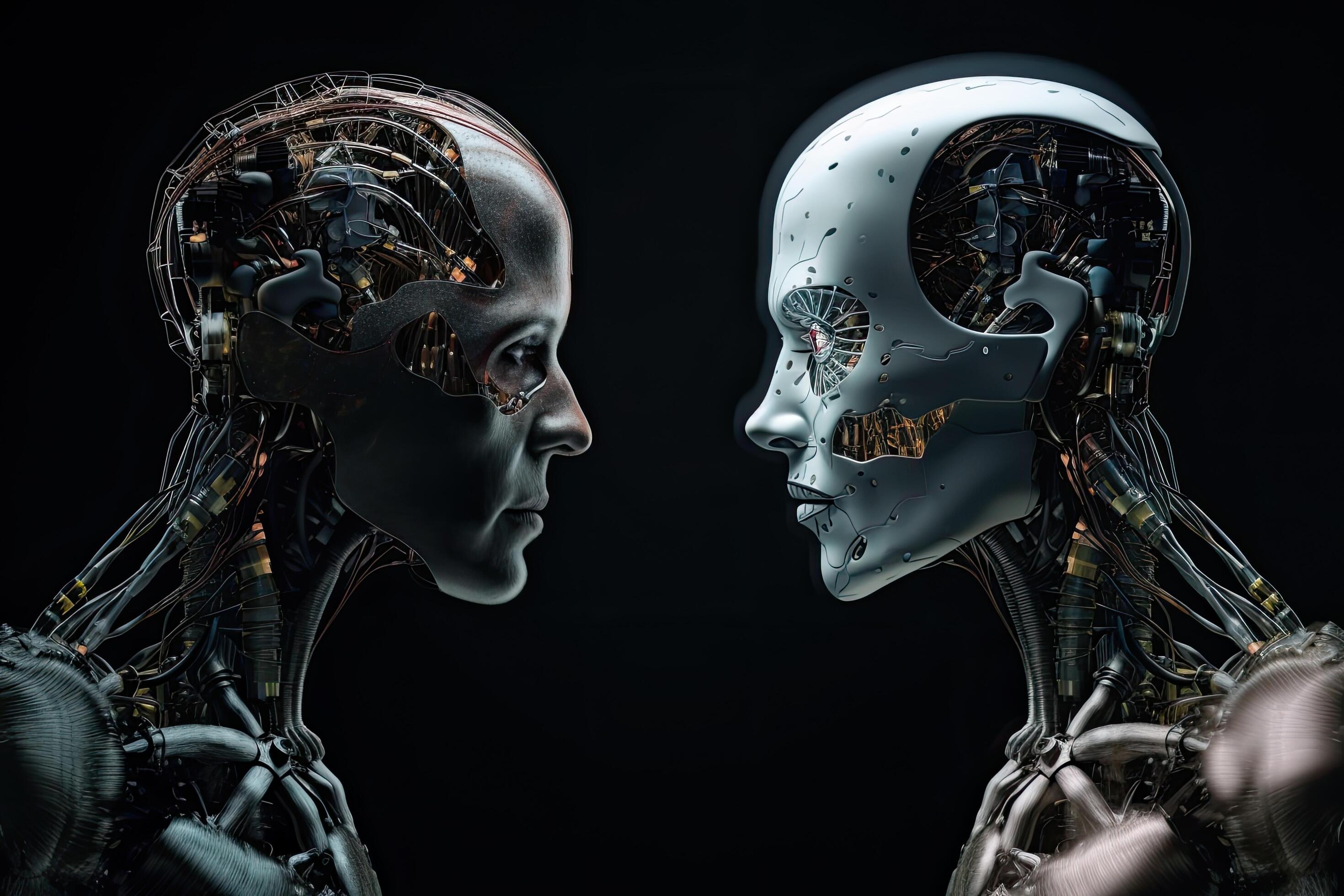 3d rendering of two robot heads on black background, artificial ...