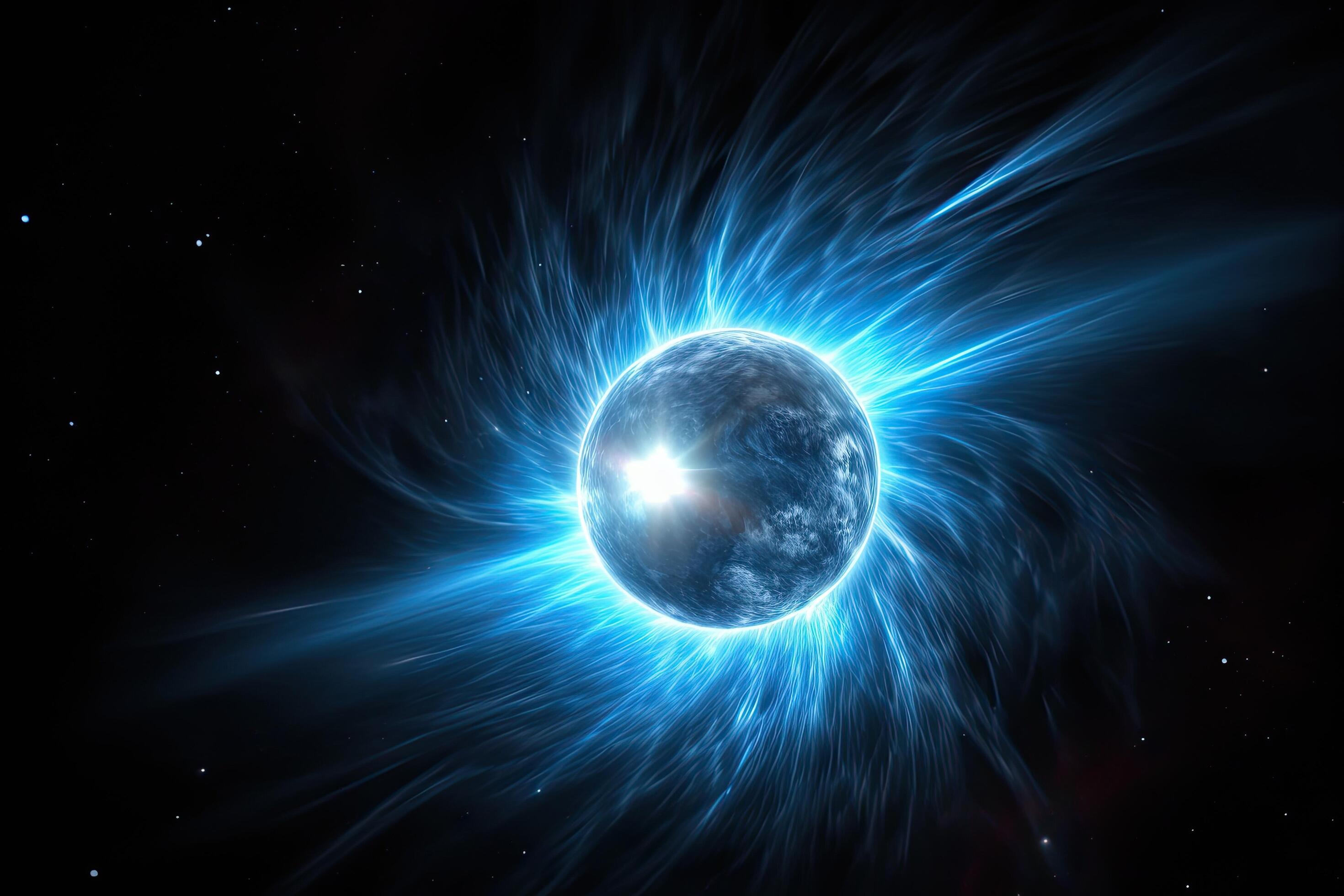 Blue planet in space with stars and nebula. 3D rendering, Magnetar neutron star in deep space ...