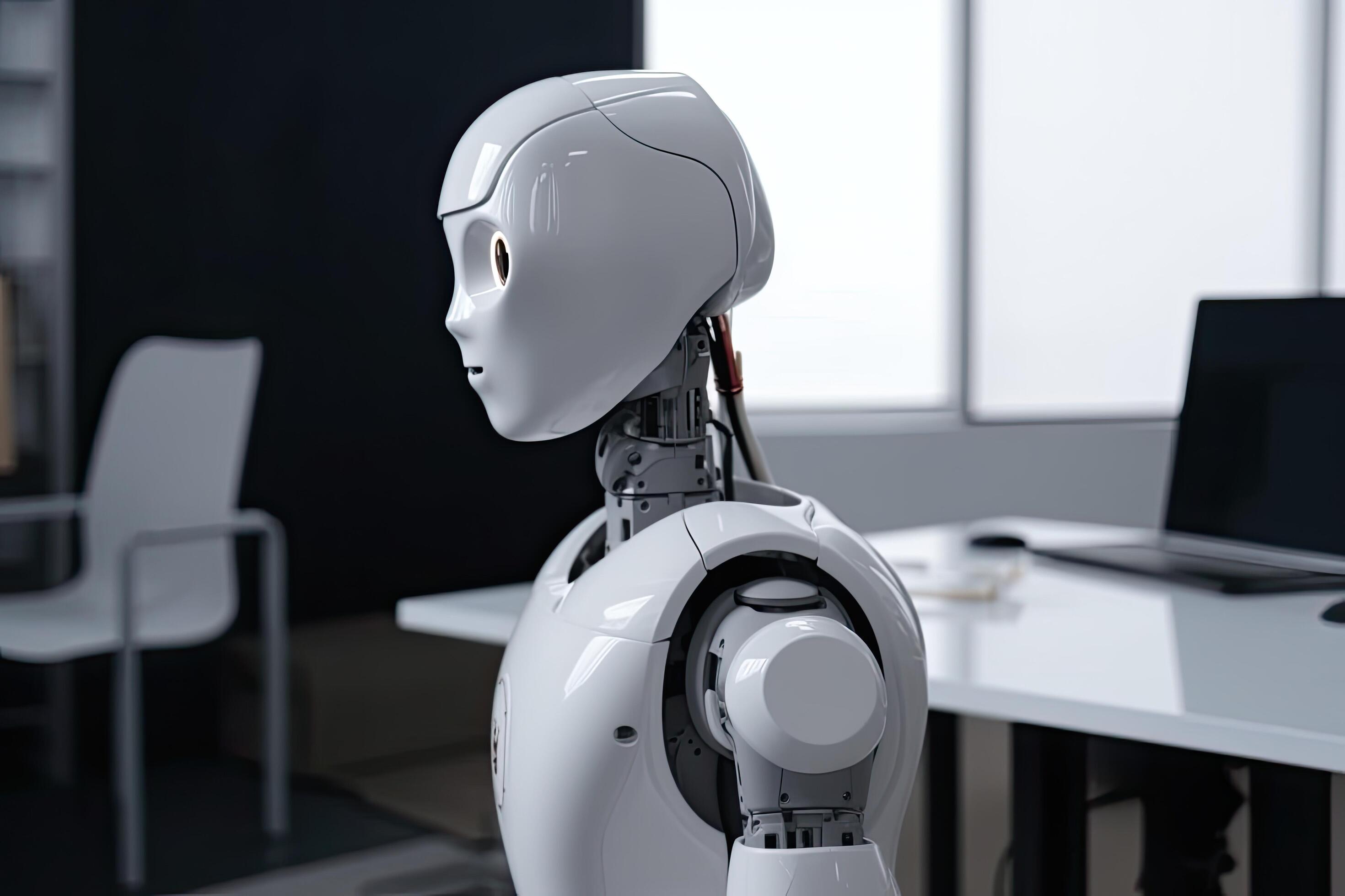 3d rendering humanoid robot working in modern office, artificial ...