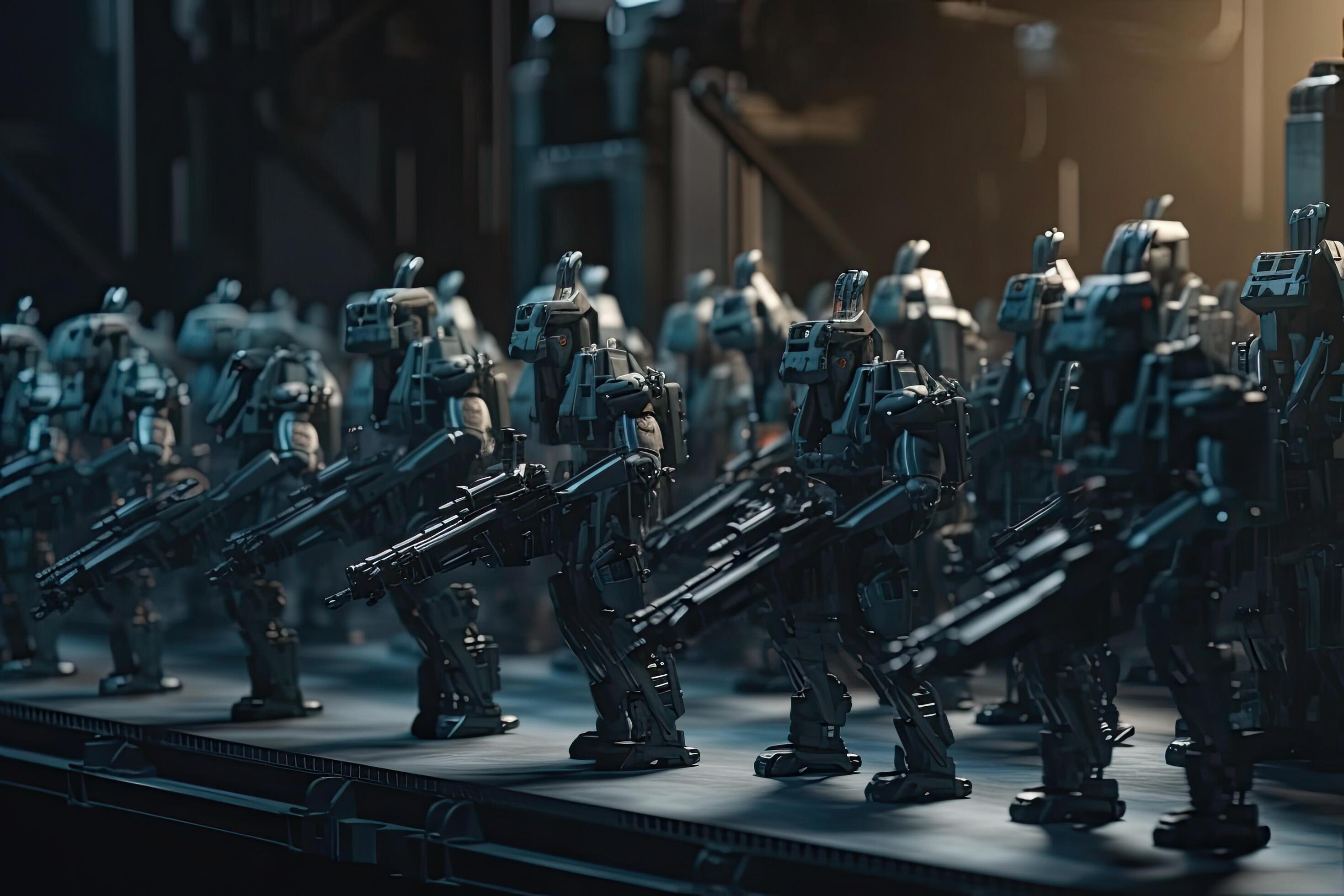 3d rendering of a group of robot soldiers on the conveyor belt, Robot army formation with ...