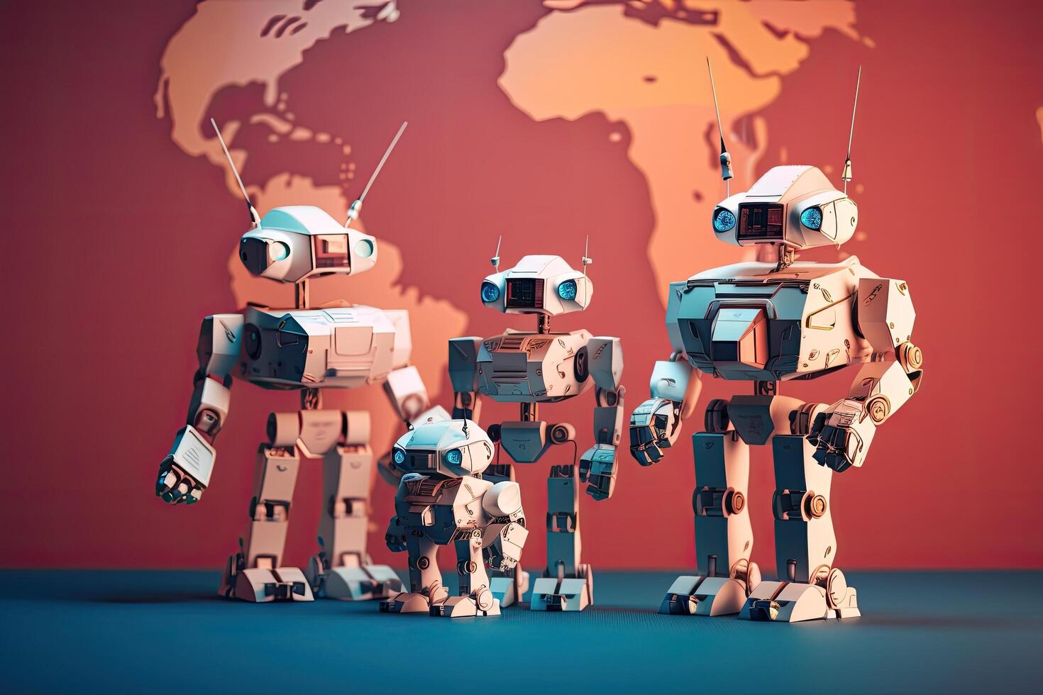 3d rendering group of robot with world map in the background. Robots conquering the world ...
