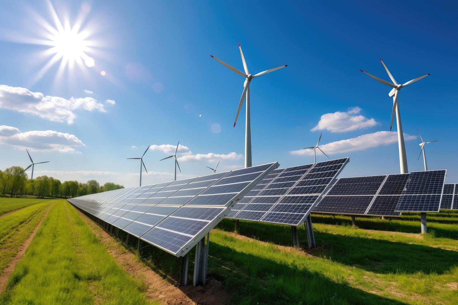 Solar panels and wind turbines alternative electricity source concept ...