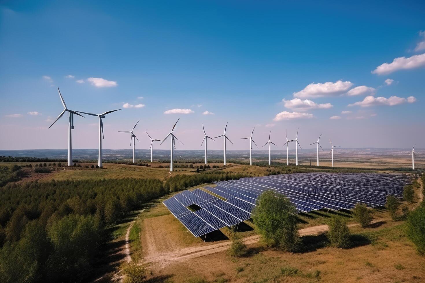 Aerial view of wind turbines and photovoltaic panels for renewable ...