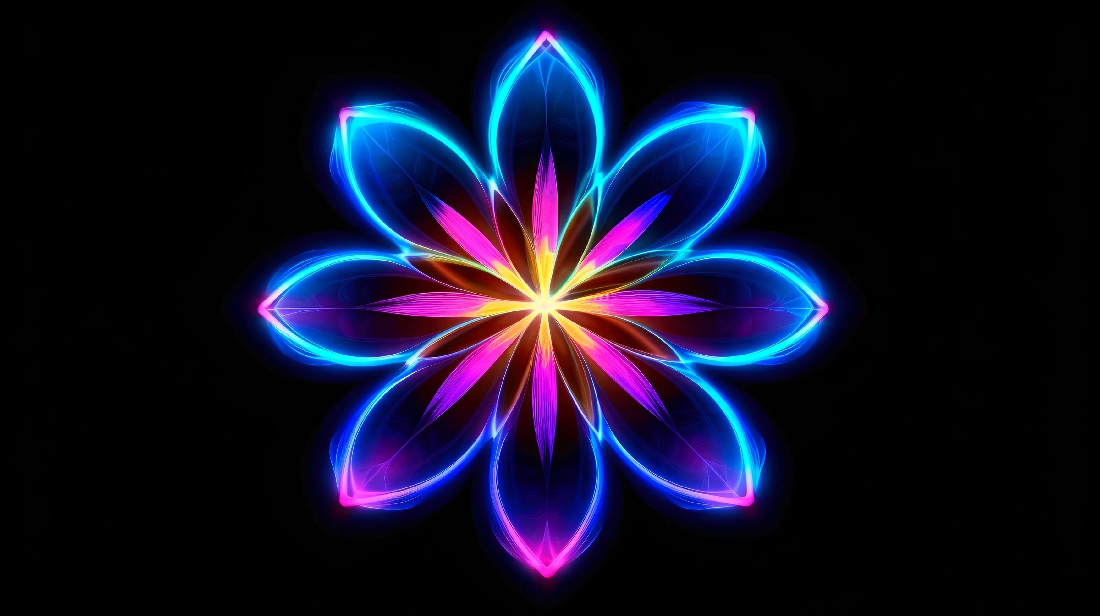 Multicolor neon light drawing, abstract shape flowers isolated on black background. Glowing line ...