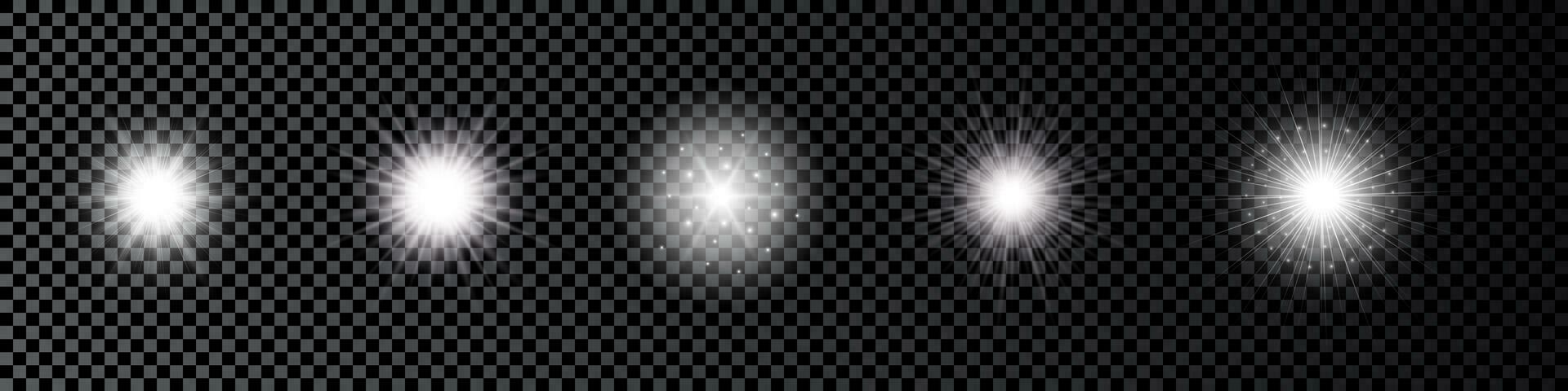 Light effect of lens flares. Set of five white glowing lights starburst effects with sparkles on ...