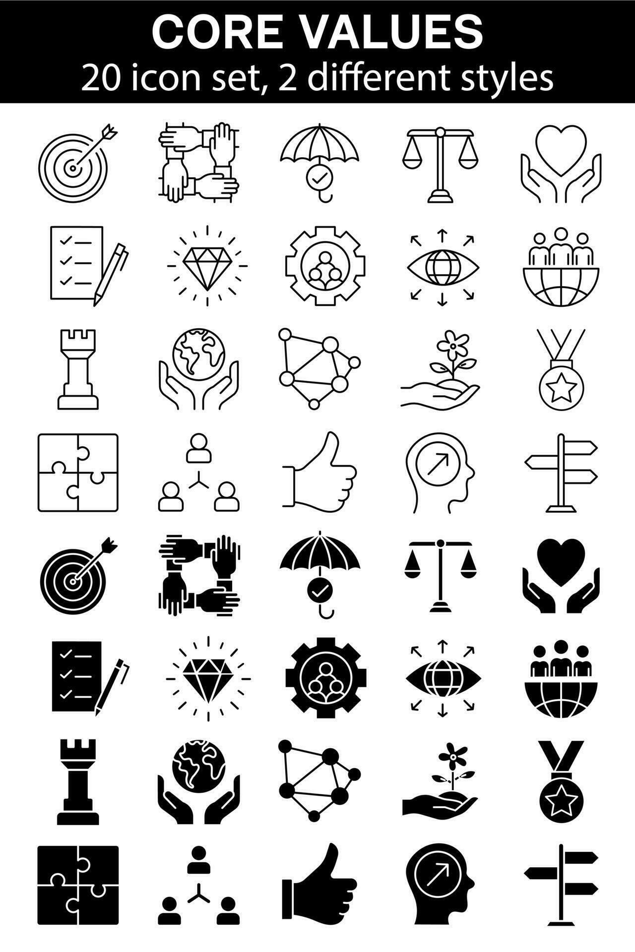 Core values 20 icon set. 2 different styles 25502252 Vector Art at Vecteezy