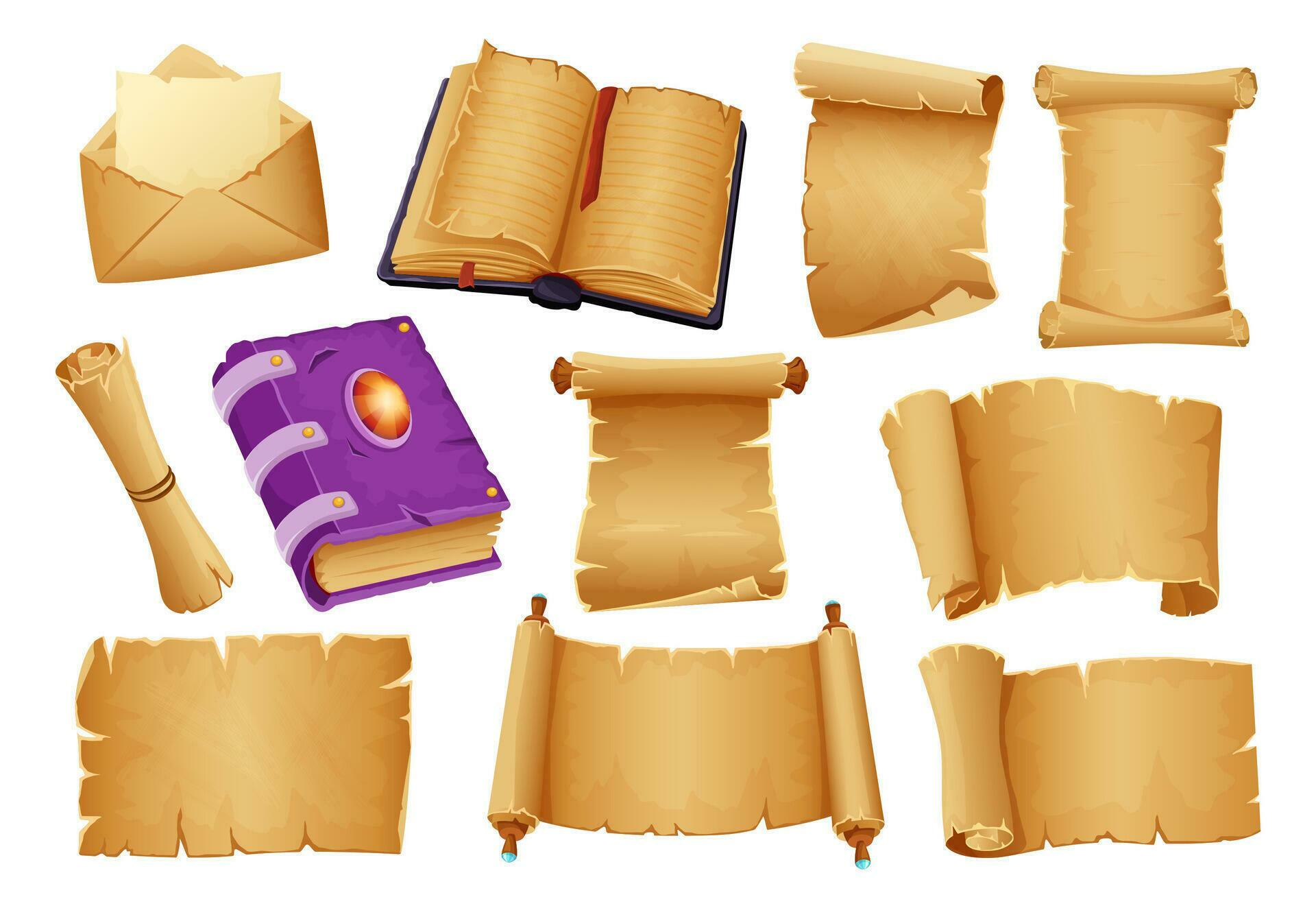 Cartoon ancient books and parchment scrolls, old papyrus rolls. Medieval manuscripts, blank ...