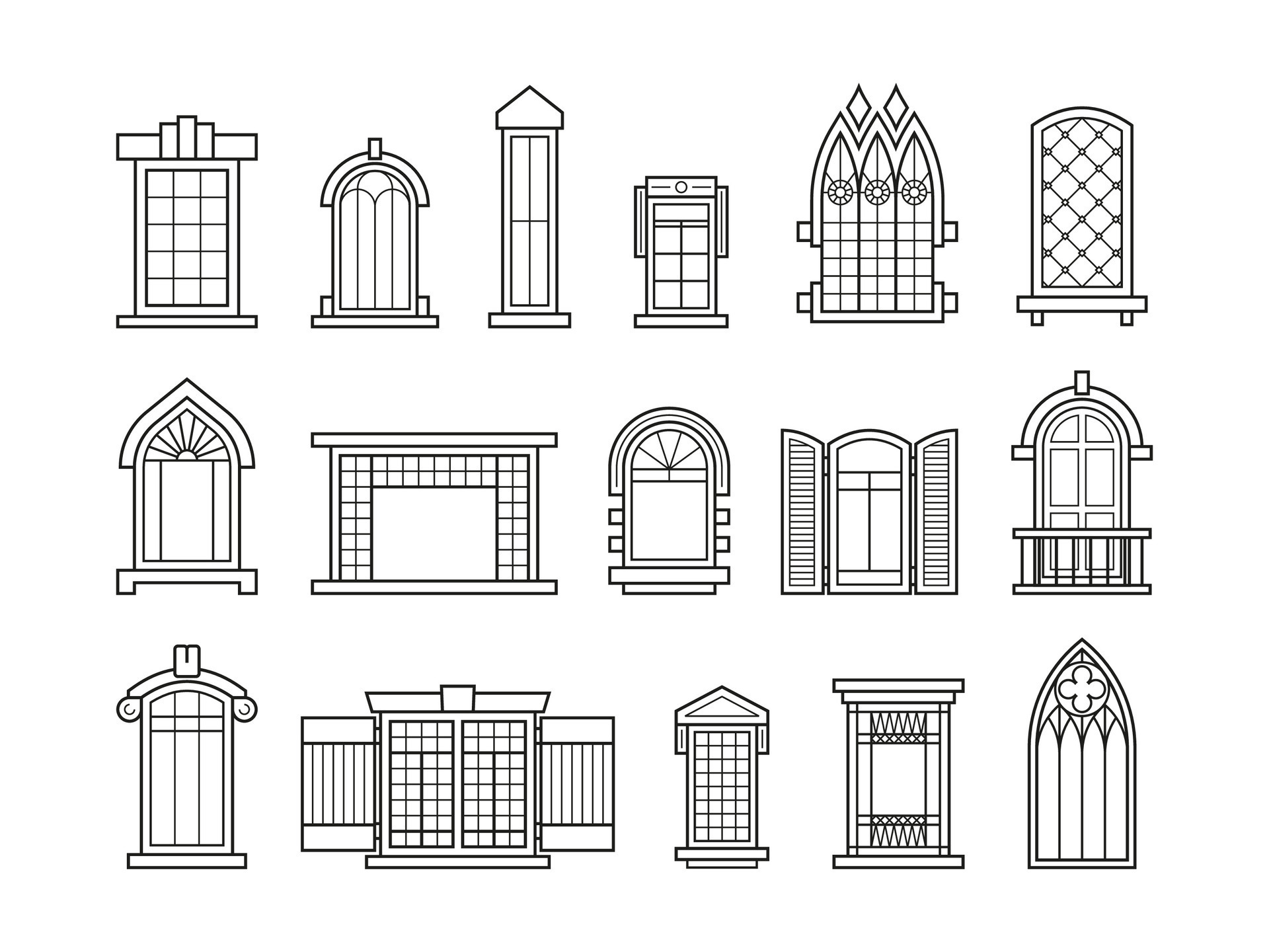 Line vintage windows. Decorative architectural outline drawing with ...