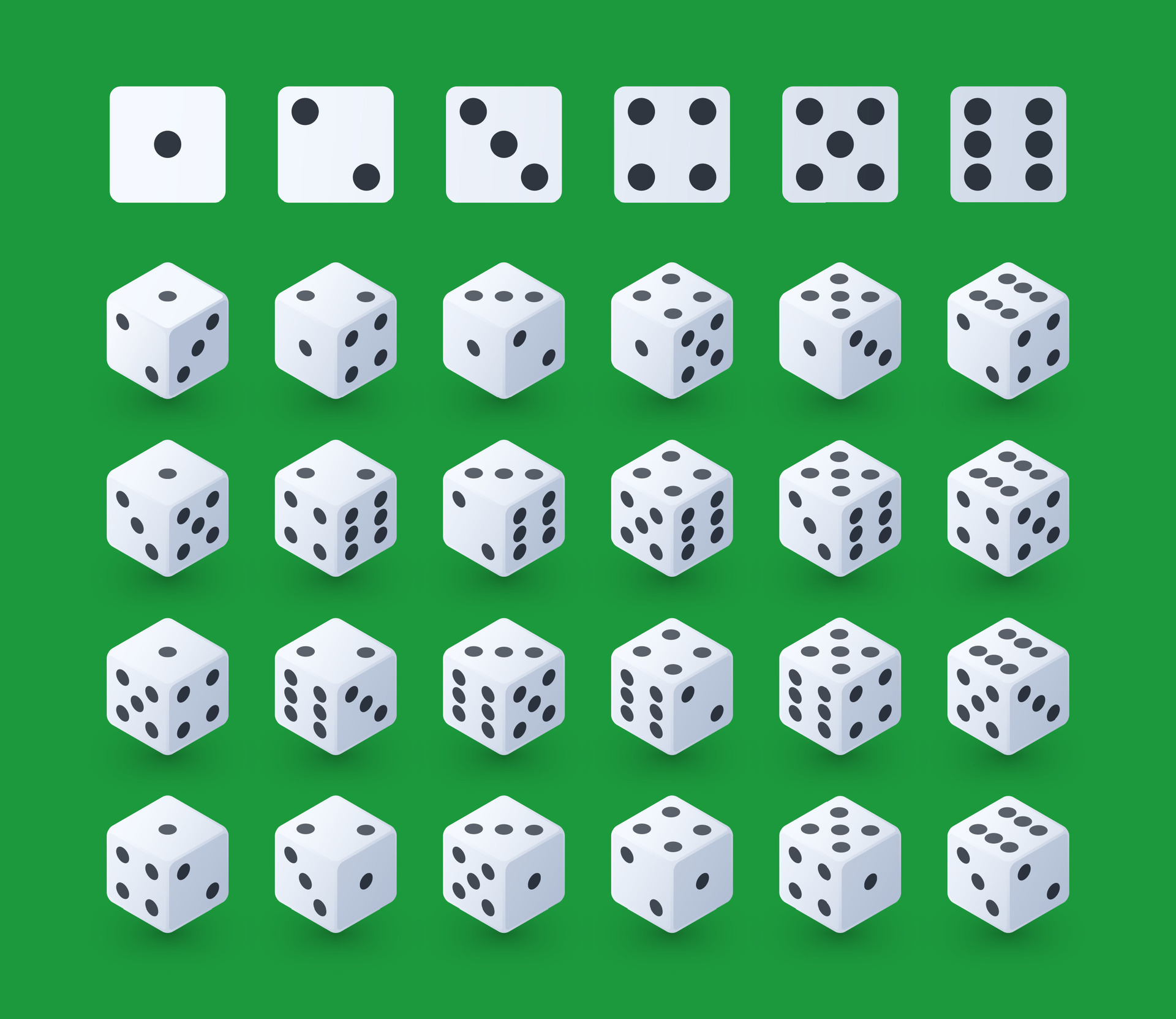 Game dice. Cartoon white playing cubes turn different faces, black dots on white planes, casino ...