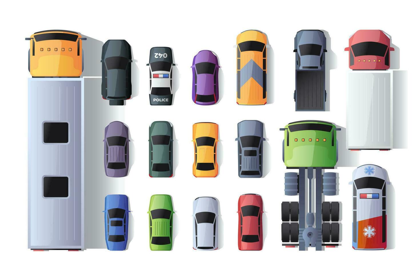 Cars view from above. Various city traffic collection, trucks bus firetruck pick-up sedan van ...